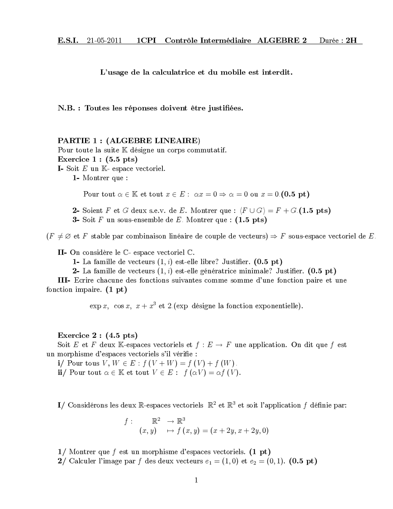 Des exos et examens en algèbre 2 | Examens Informatique | Docsity
