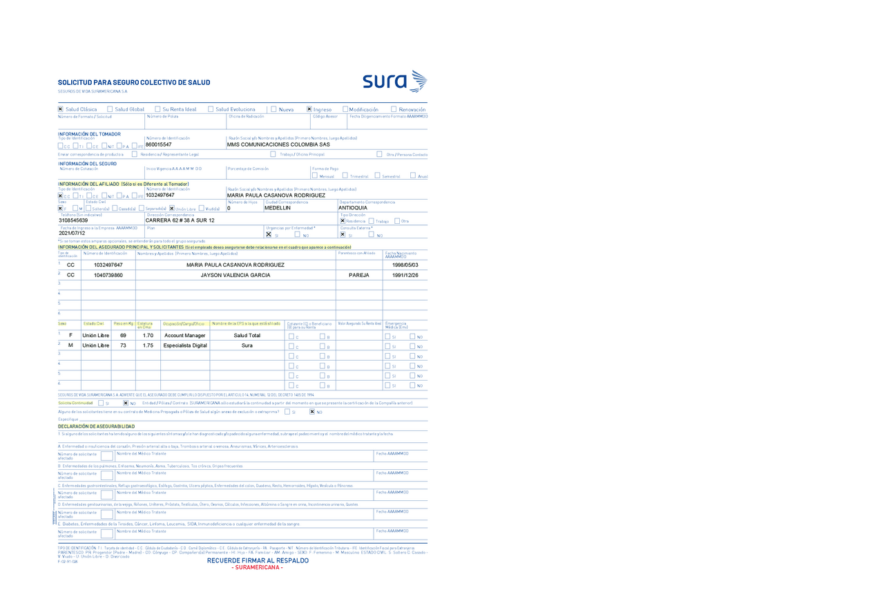 Solicitud seguro colectivo | Guías, Proyectos, Investigaciones de Economía de Seguros | Docsity