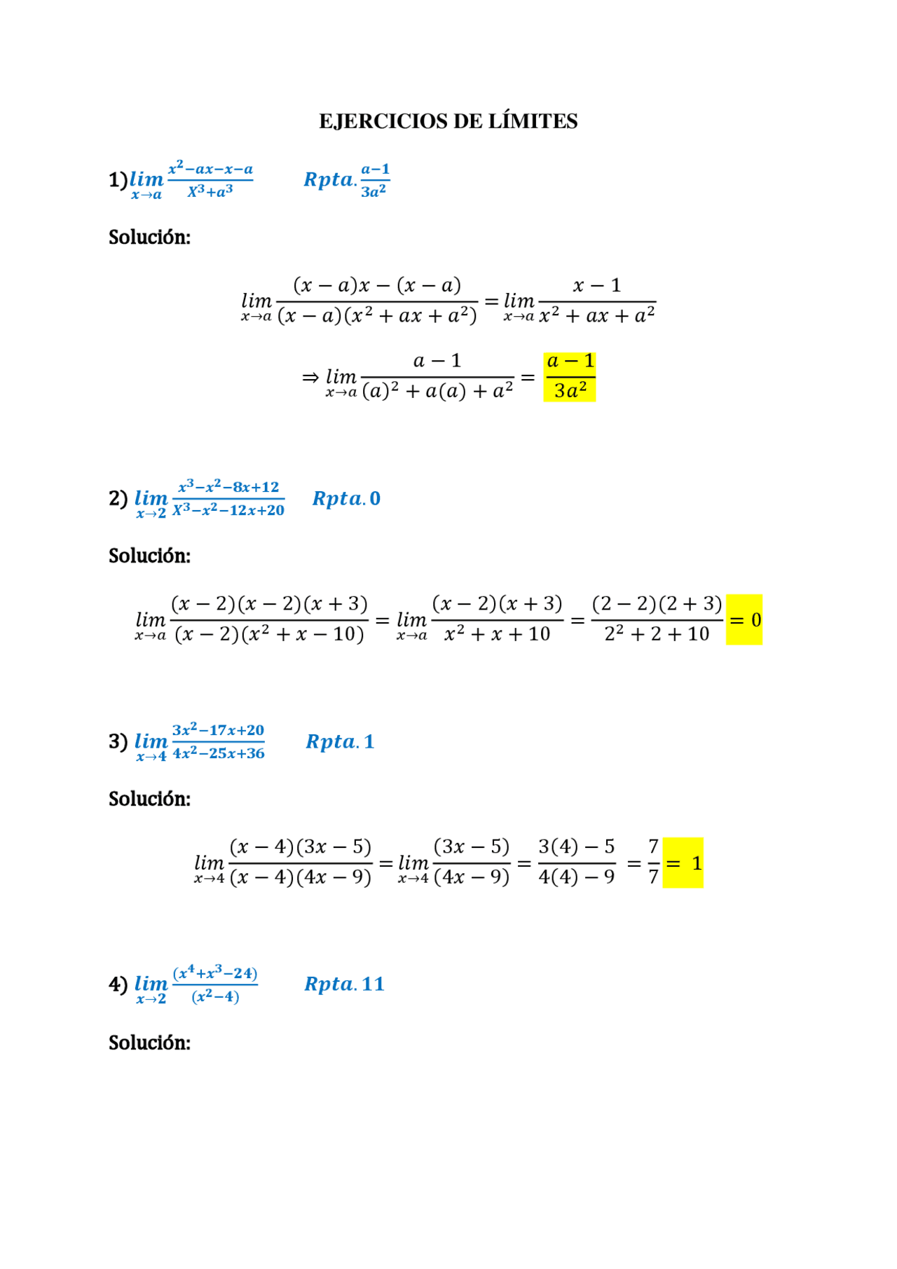49 EJERCICIOS RESUELTOS DE LÍMITES | Ejercicios de Cálculo | Docsity