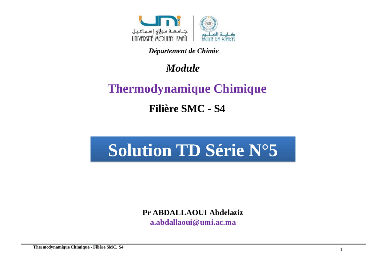 Thermodynamique Chimique | Lectures Physique Avancée | Docsity