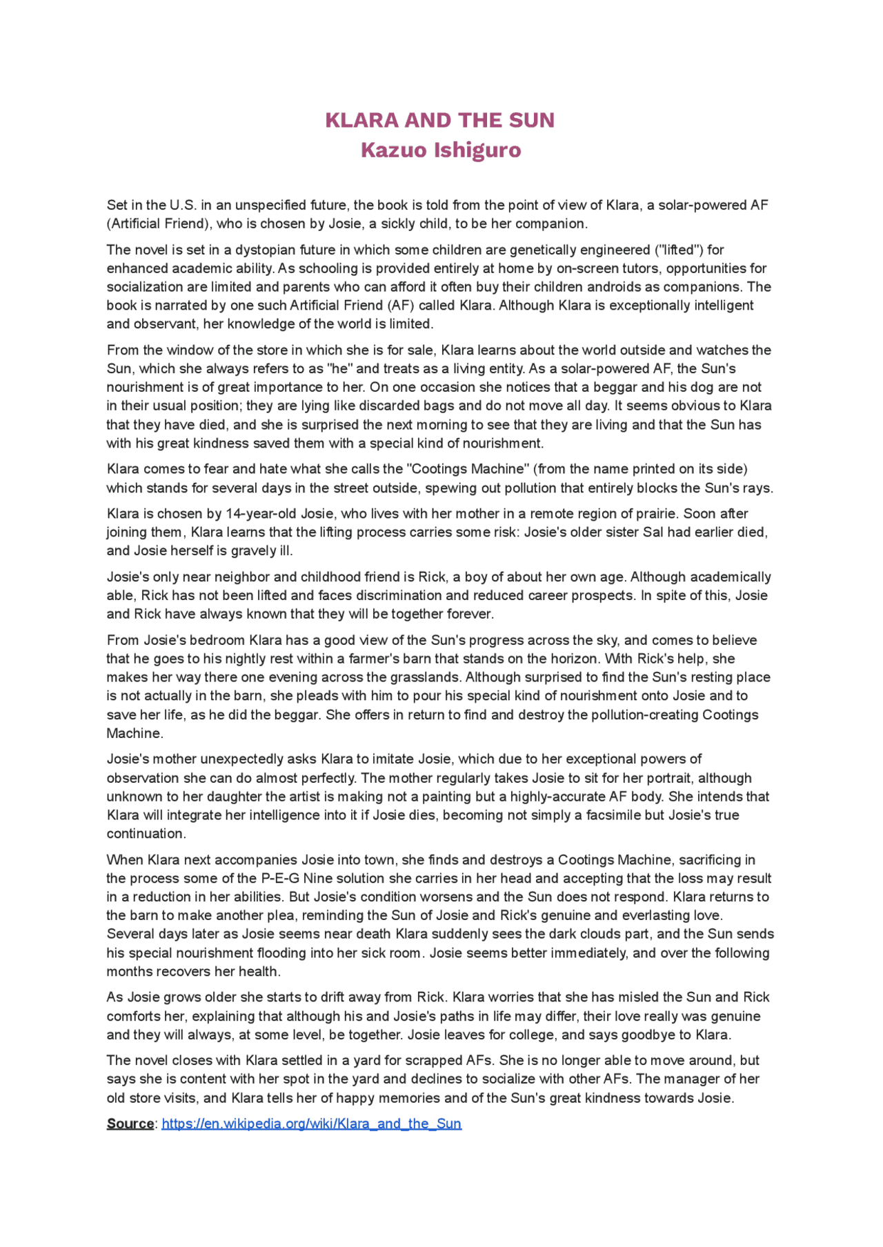 Klara and the Sun - Kazuo Ishiguro summary | Sintesi del corso di ...