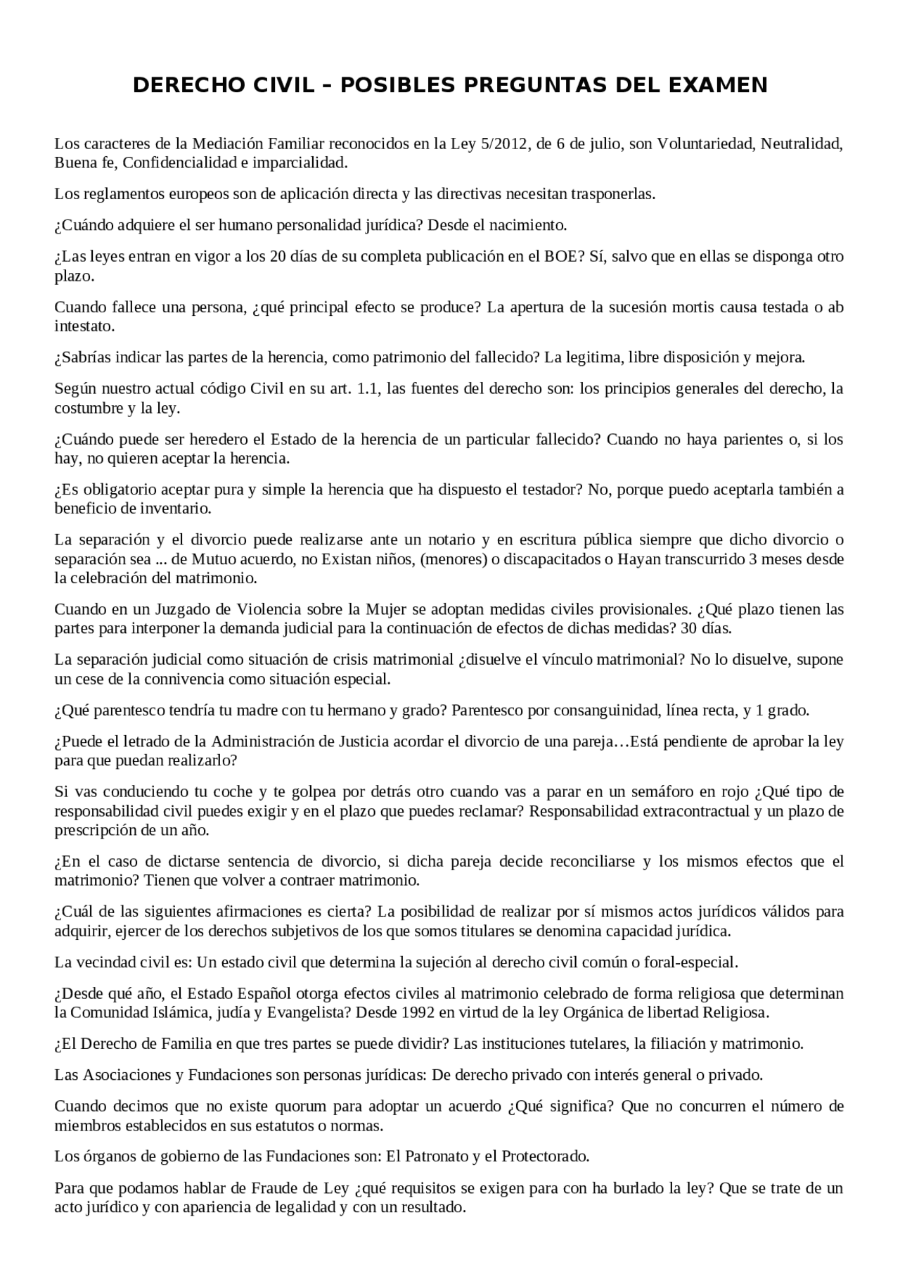 POSIBLES PREGUNTAS DERECHO CIVIL- 1º TRABAJO SOCIAL | Exámenes de Derecho Civil | Docsity