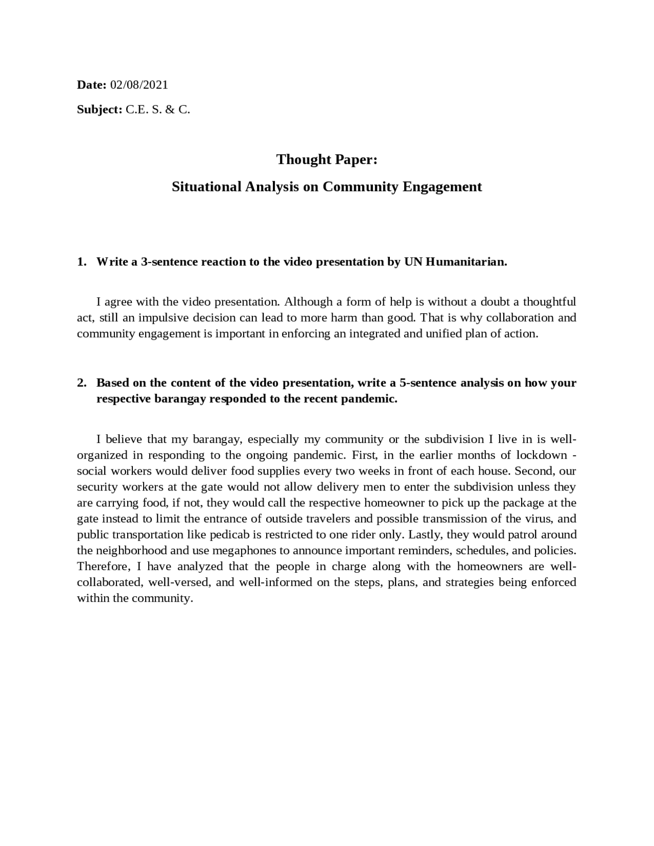 Situational Analysis on Community Engagement | Quizzes Sociology | Docsity