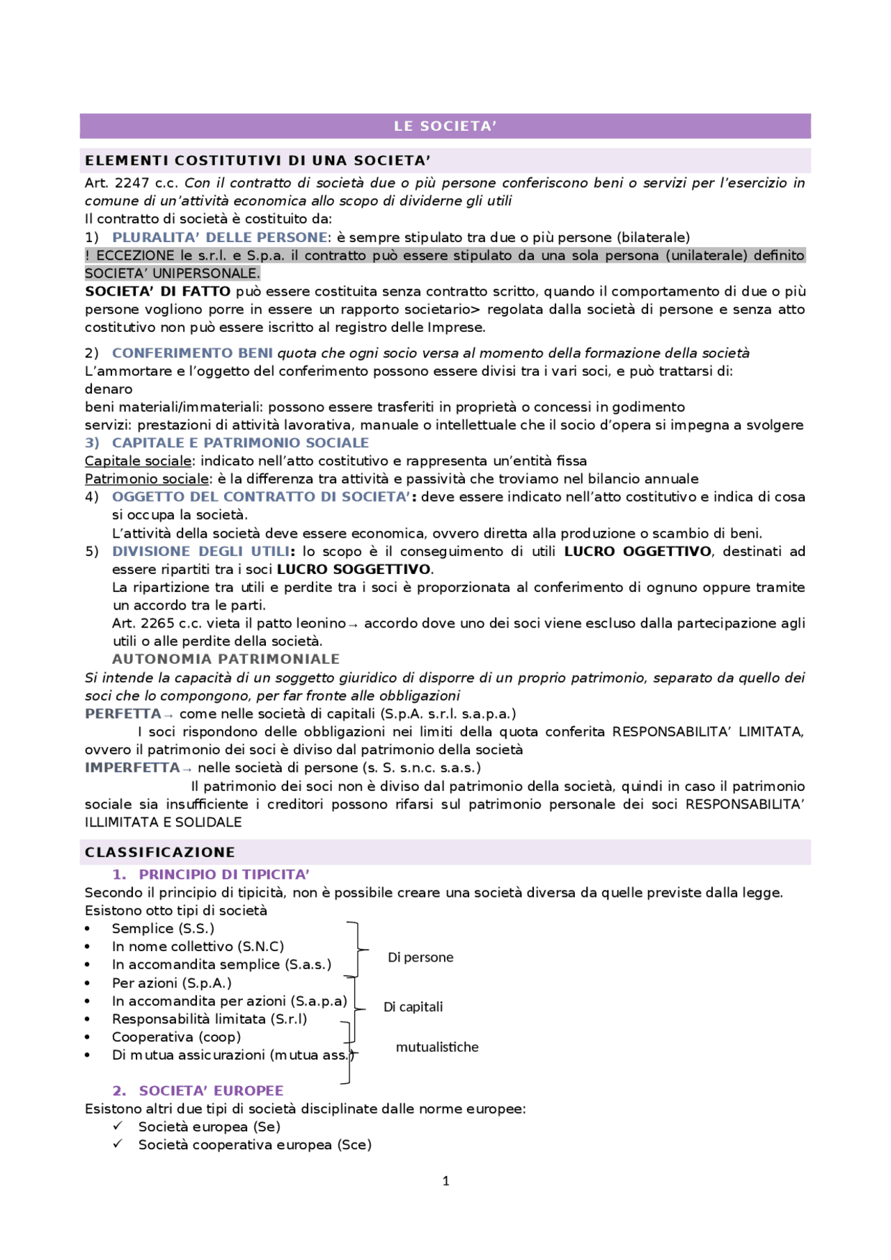 Le Societa I Vari Tipi Di Società Appunti Di Diritto Docsity