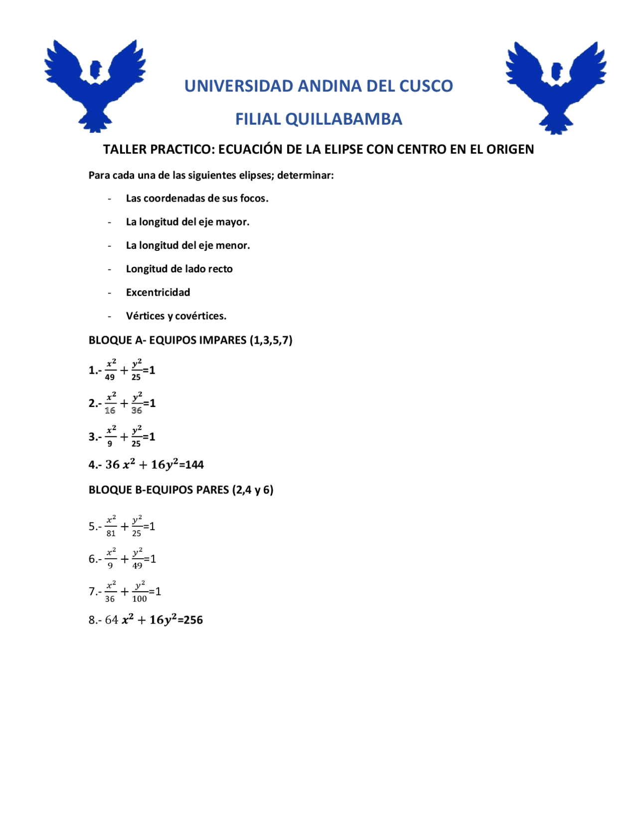 Taller Elipse Centro Origen Apuntes De Matemáticas Docsity