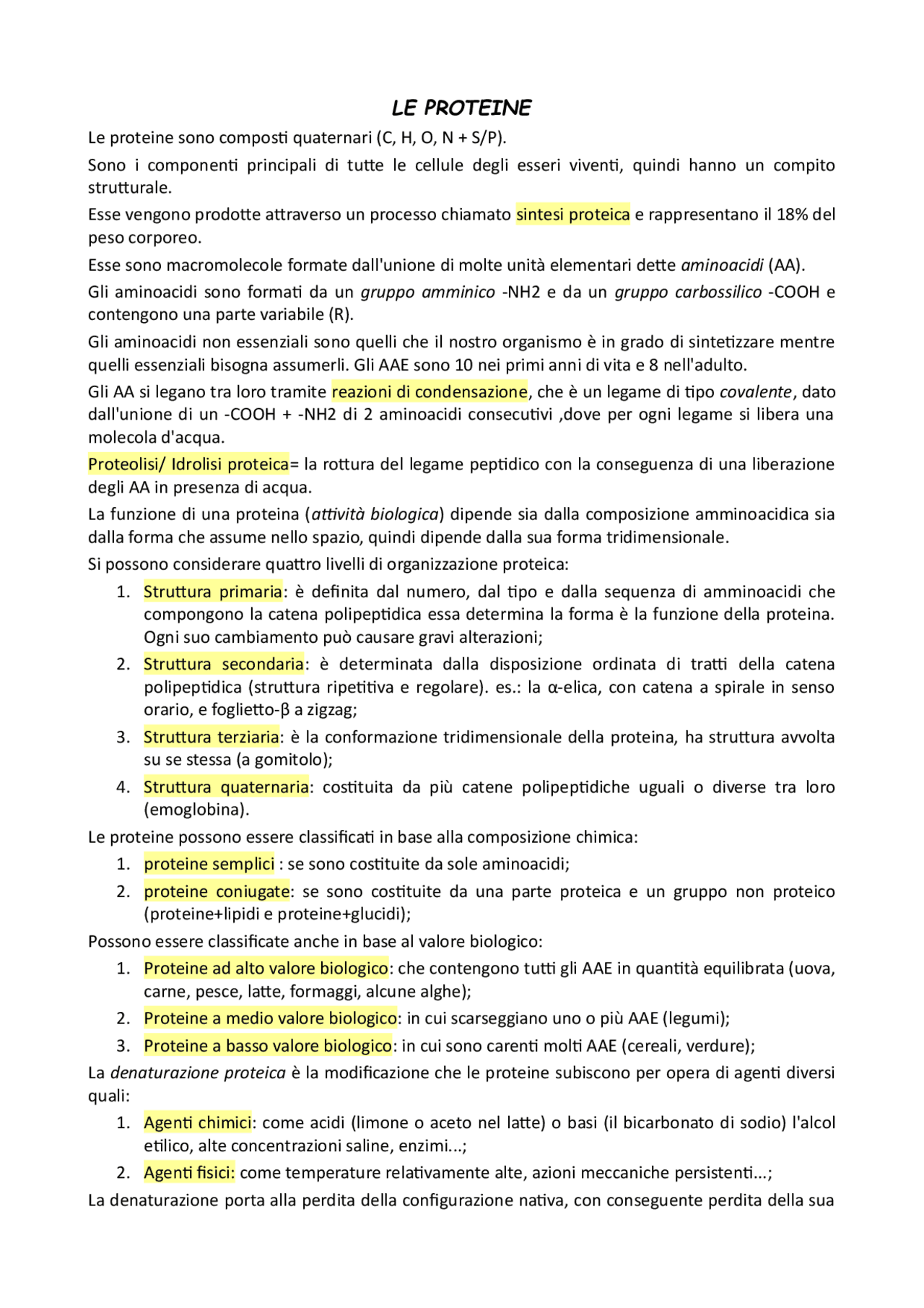 Le proteine scienze degli alimenti | Appunti di Scienza degli alimenti | Docsity