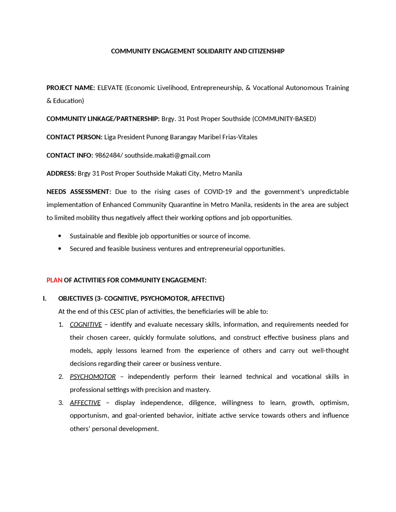 Community Engagement, Solidarity, and Citizenship - Livelihood Project ...