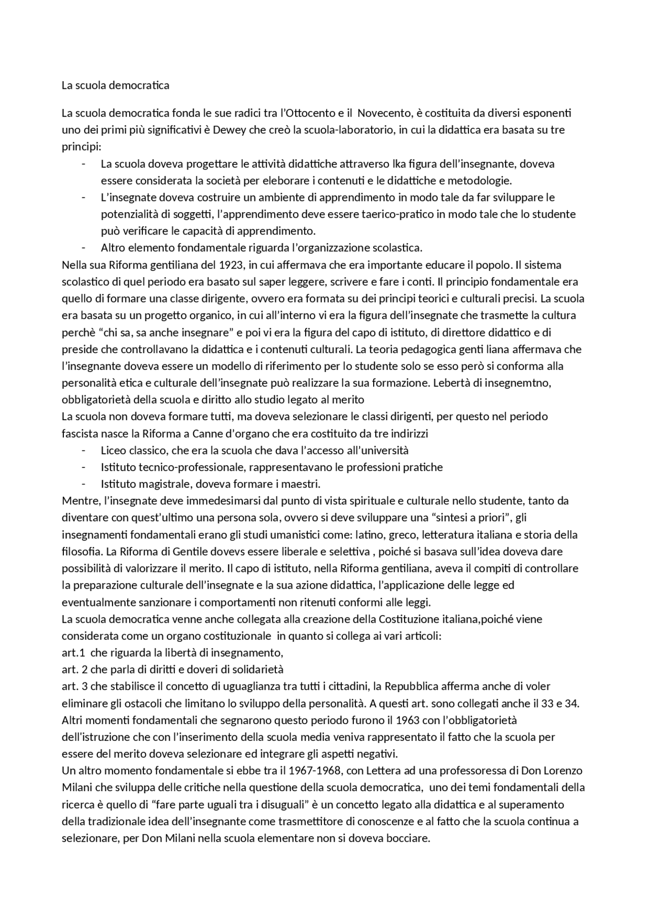 La scuola democratica | Schemi e mappe concettuali di Pedagogia | Docsity