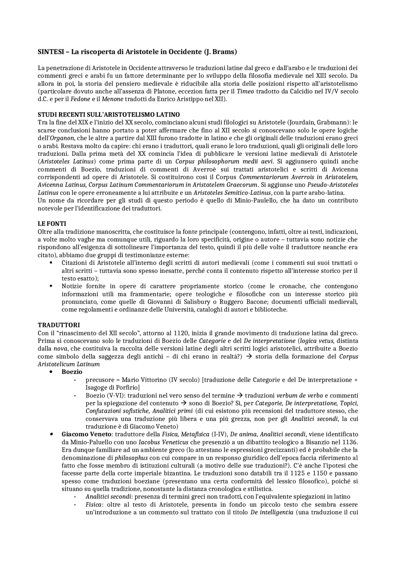 Sintesi del libro "La riscoperta di Aristotele in Occidente" (J. Brams ...