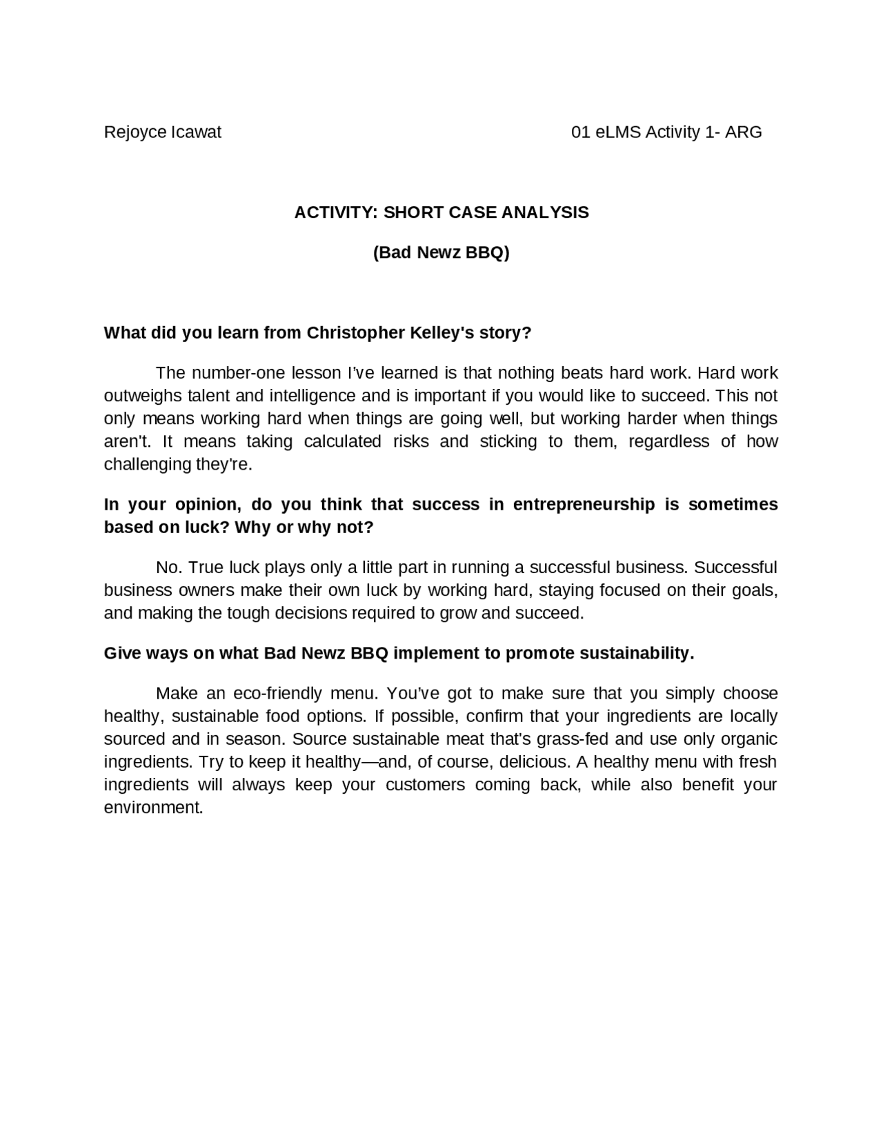 01 eLMS Activity 1 - ARG | Quizzes Entrepreneurship | Docsity