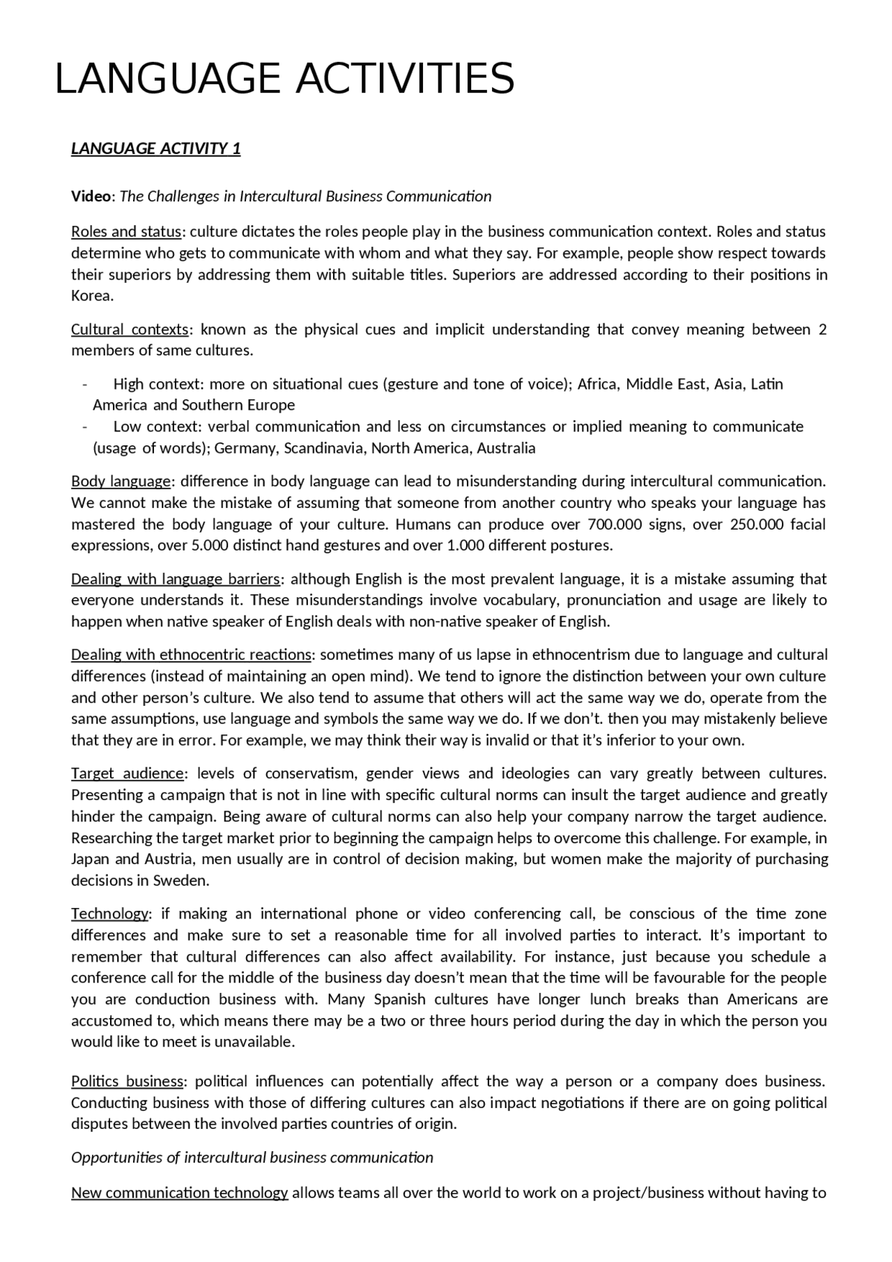 Language Activities Unità 2 | Appunti di Lingua Inglese | Docsity