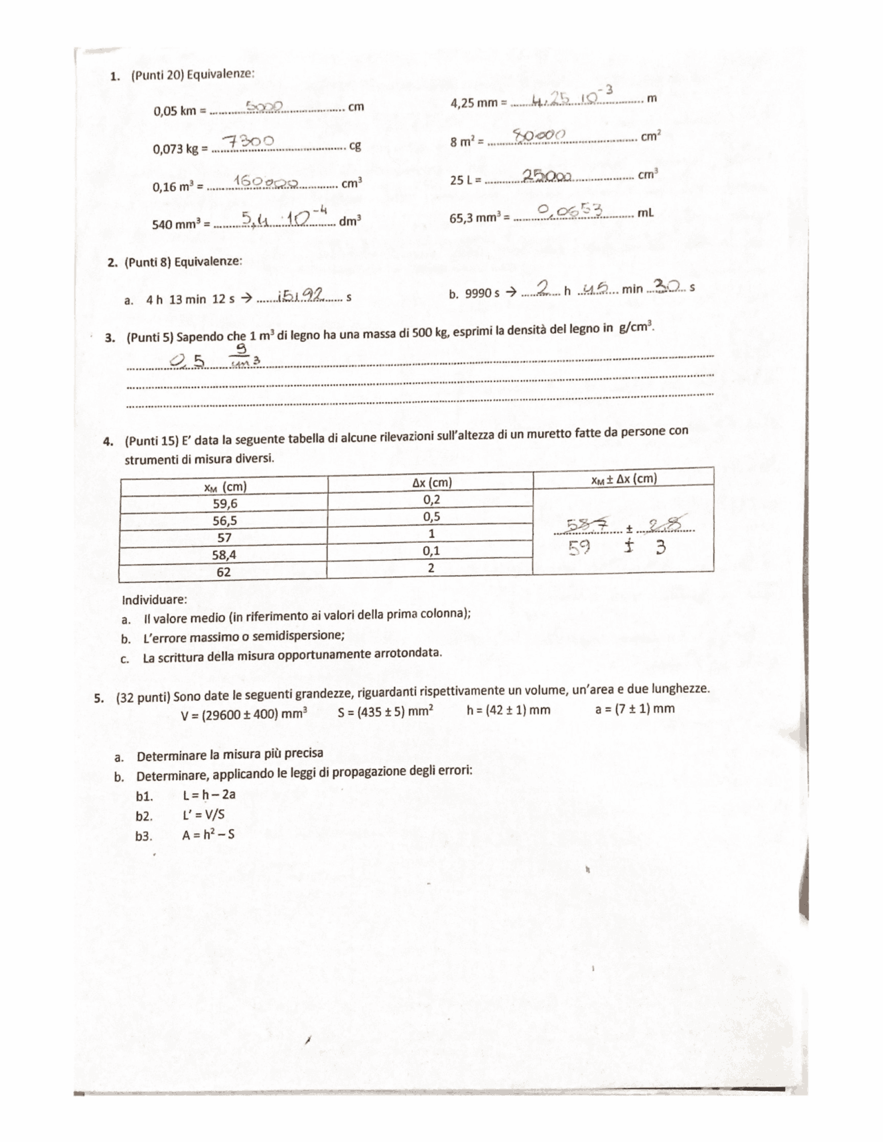 Verifica di fisica sulle equivalenze, valore medio ed incertezza ...