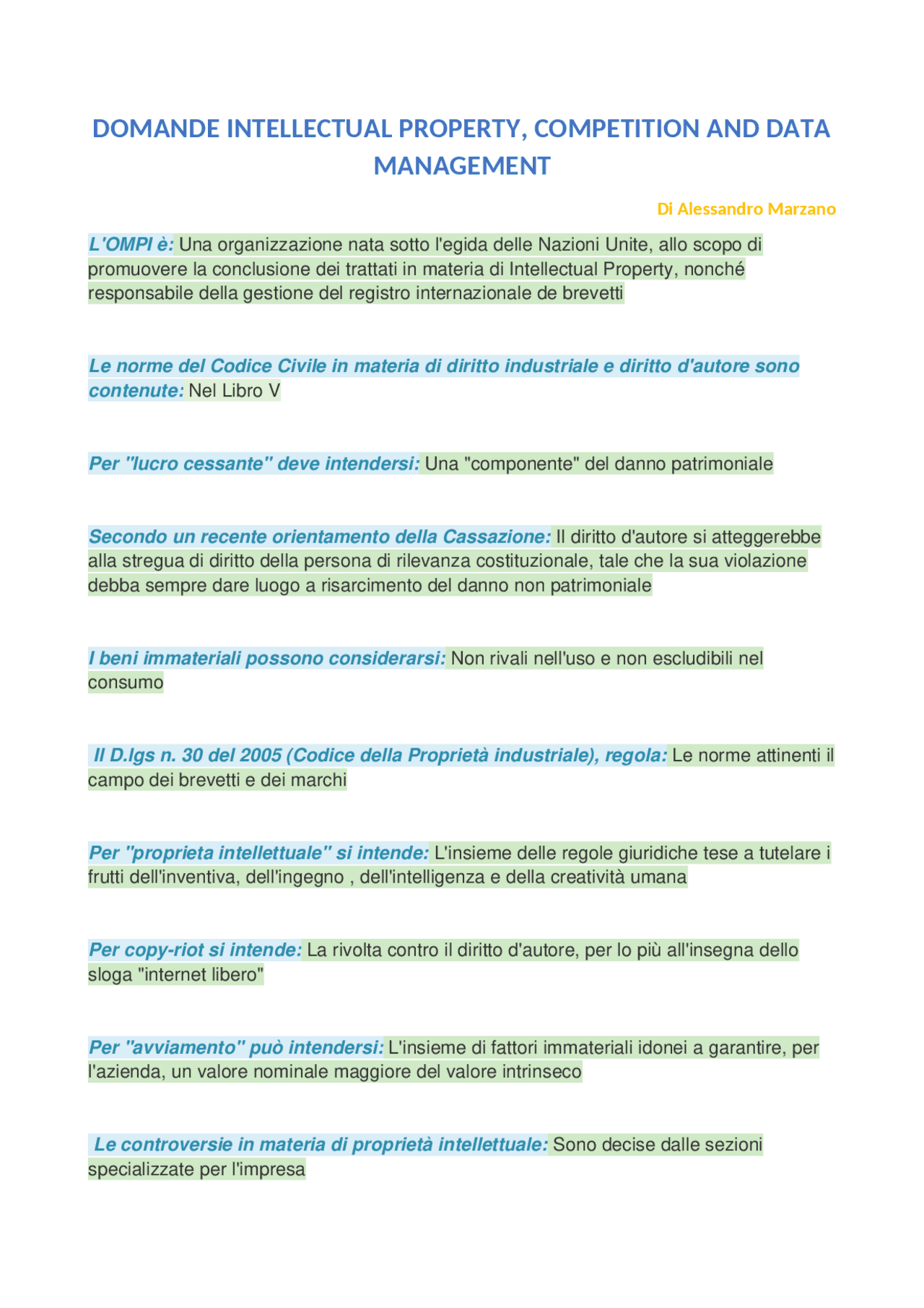 Intellectual Property, Competion and Data Management - tutte domande e risposte esame | Prove d ...