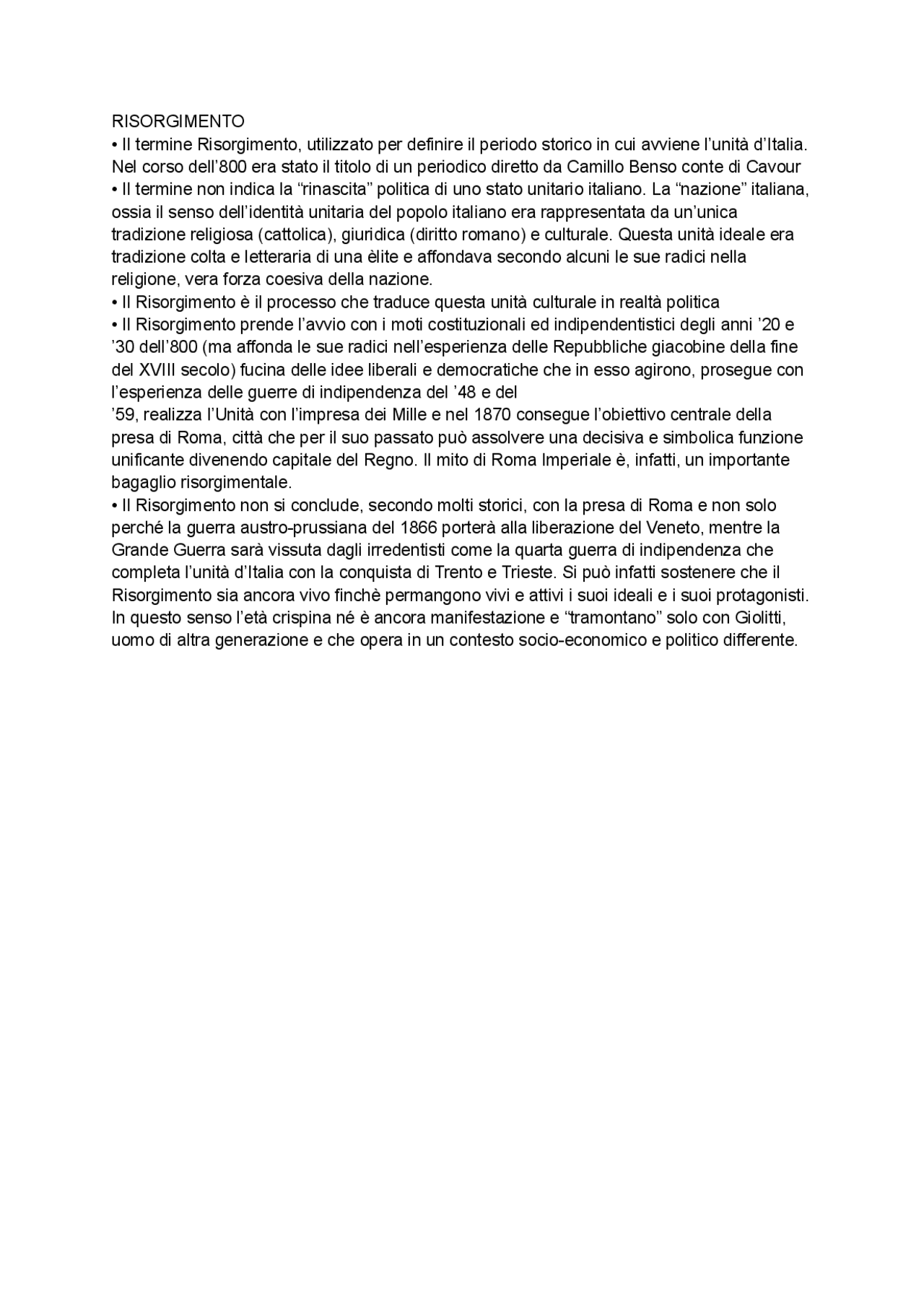 Il risorgimento in punti principali | Schemi e mappe concettuali di Storia | Docsity