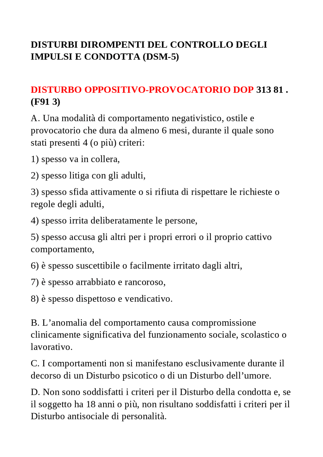 Dsm Disturbi Del Comportamento Dirompente Schemi E Mappe Concettuali