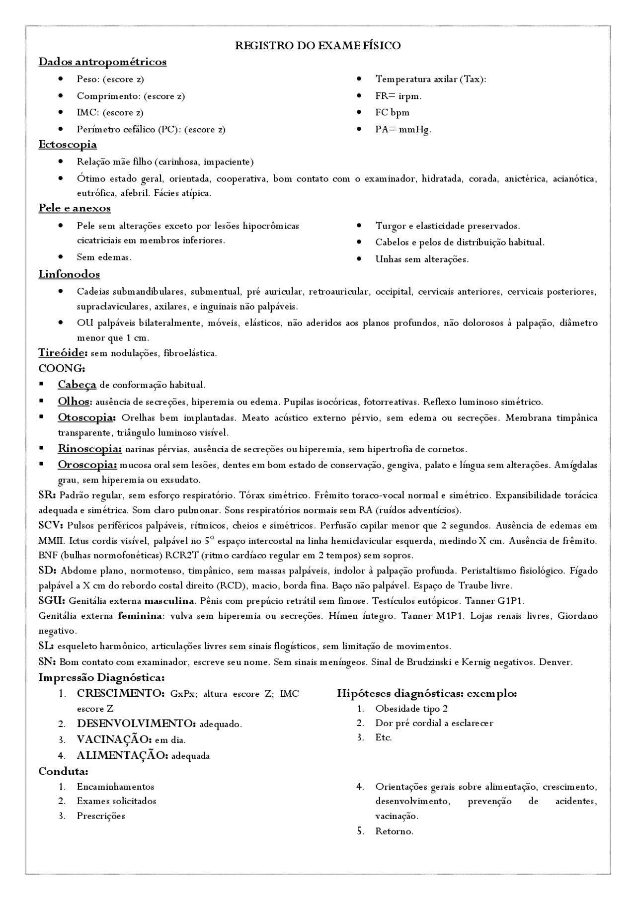 Roteiro De Exame Físico Resumos Pediatria Docsity