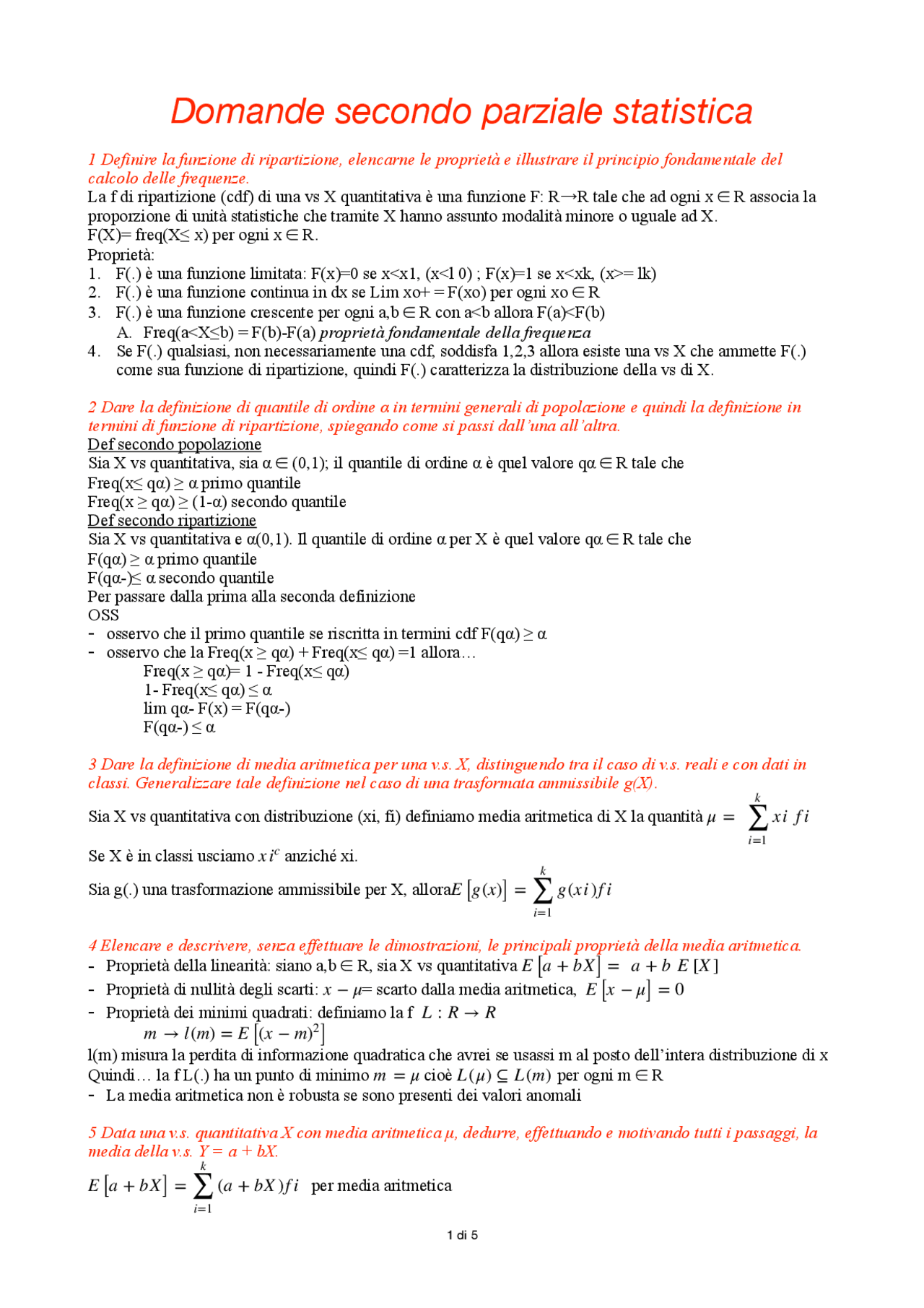 Esame di statistica, risposta alle domande | Appunti di Statistica | Docsity