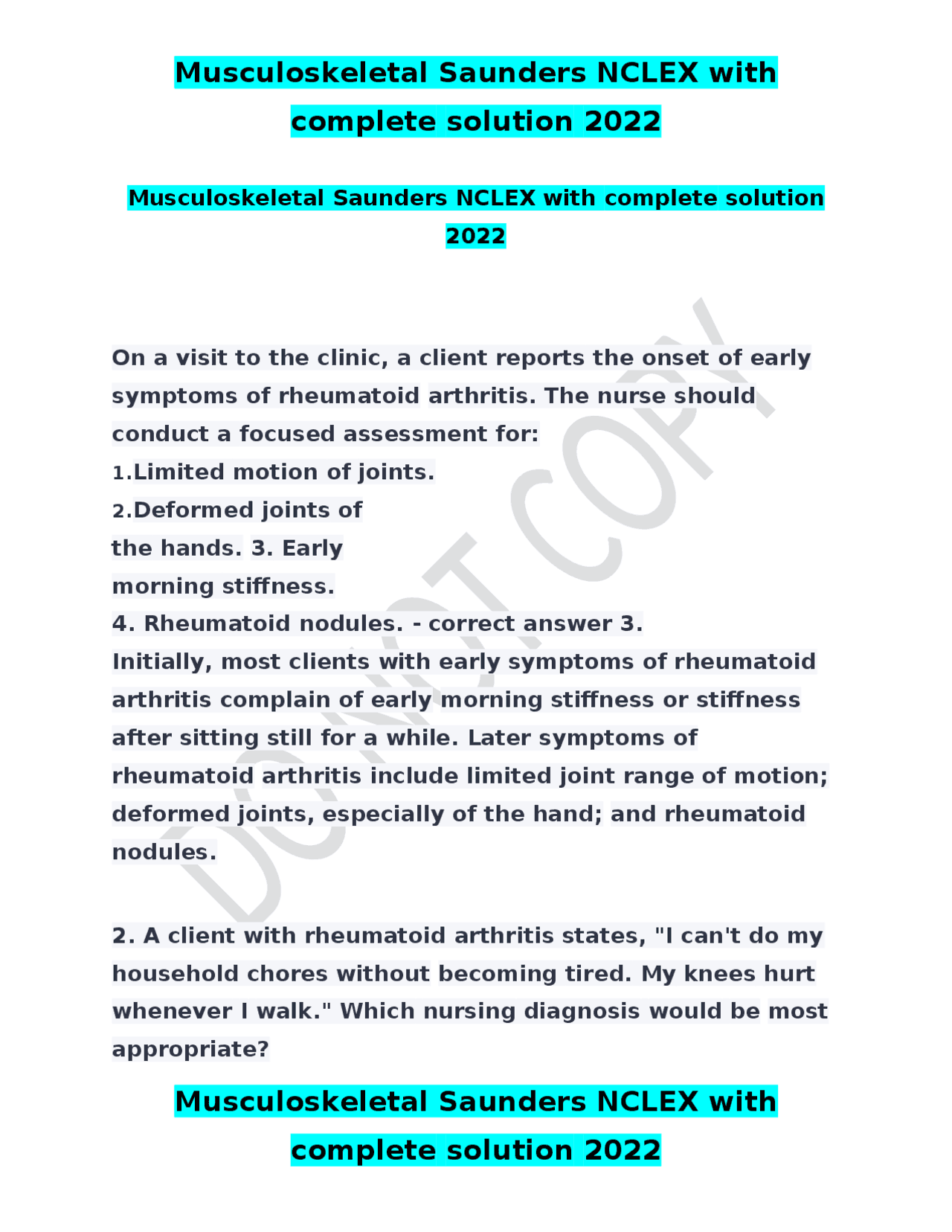 Musculoskeletal Saunders NCLEX with complete solution 2022 | Exams ...