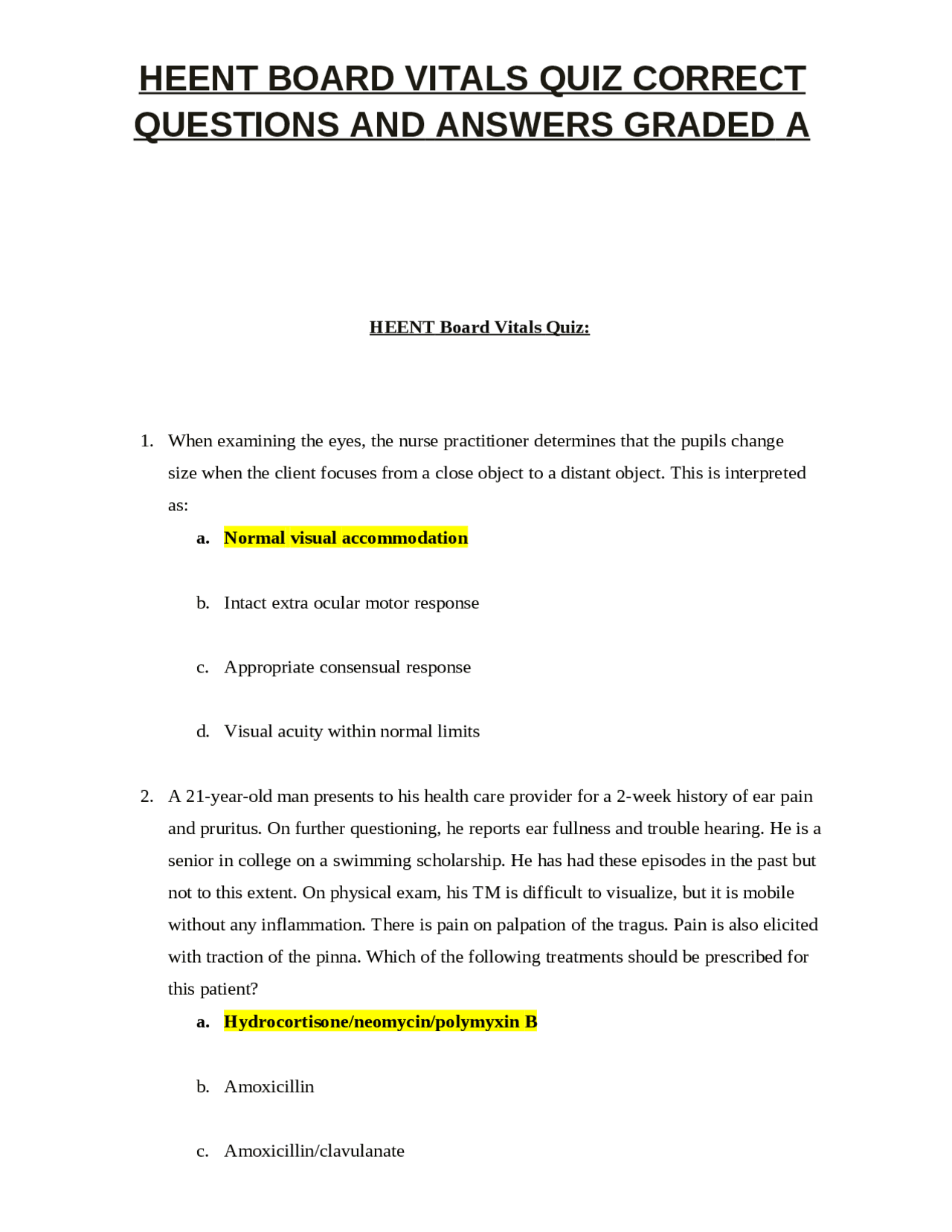 HEENT BOARD VITALS QUIZ CORRECT QUESTIONS AND ANSWERS GRADED A | Exams ...