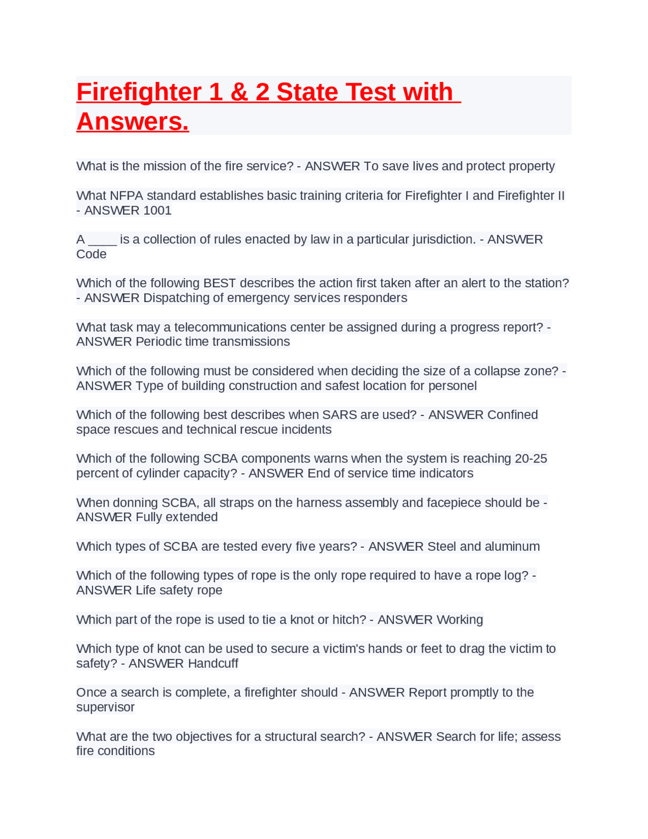 Firefighter 1 & 2 State Test with Answers. | Exams Safety and Fire ...