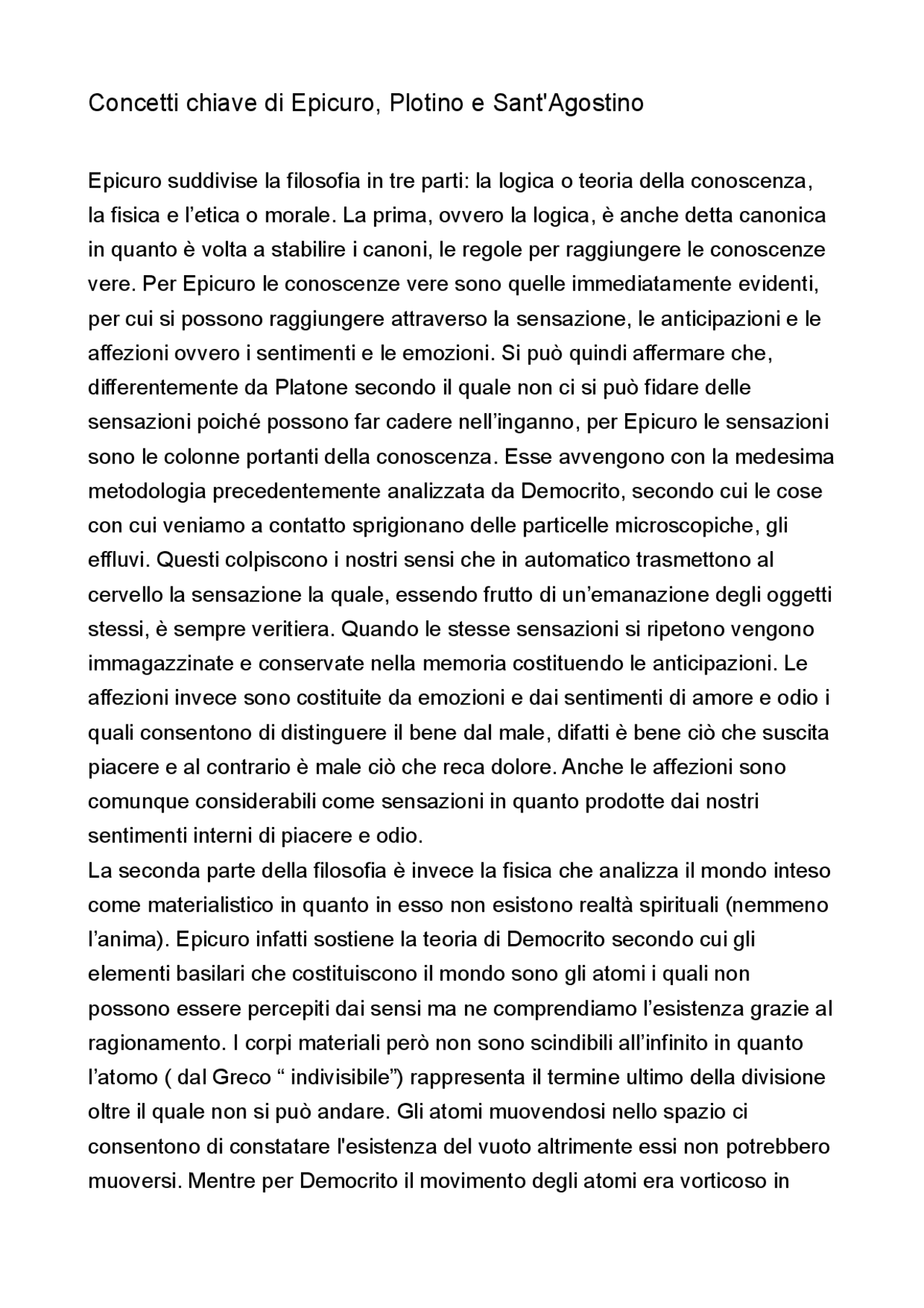 Concetti chiavi su Epicuro, Plotino e Sant'Agostino | Appunti di Filosofia | Docsity