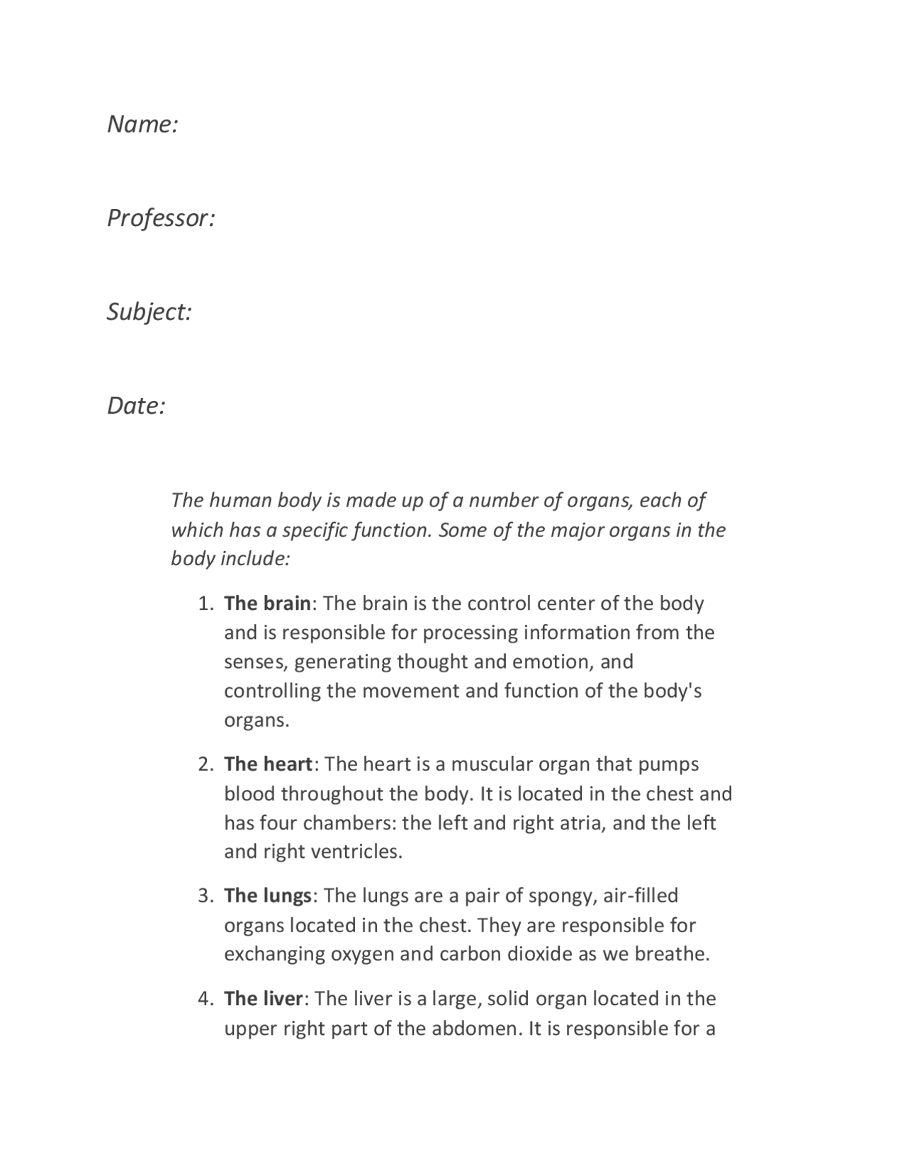 The human body's organs | Study notes Anatomy | Docsity