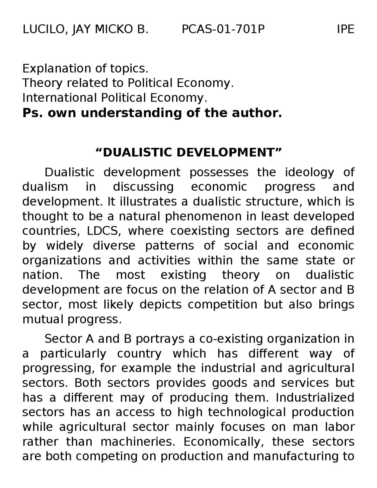 Dualistic Development | Schemes and Mind Maps Political Economy | Docsity