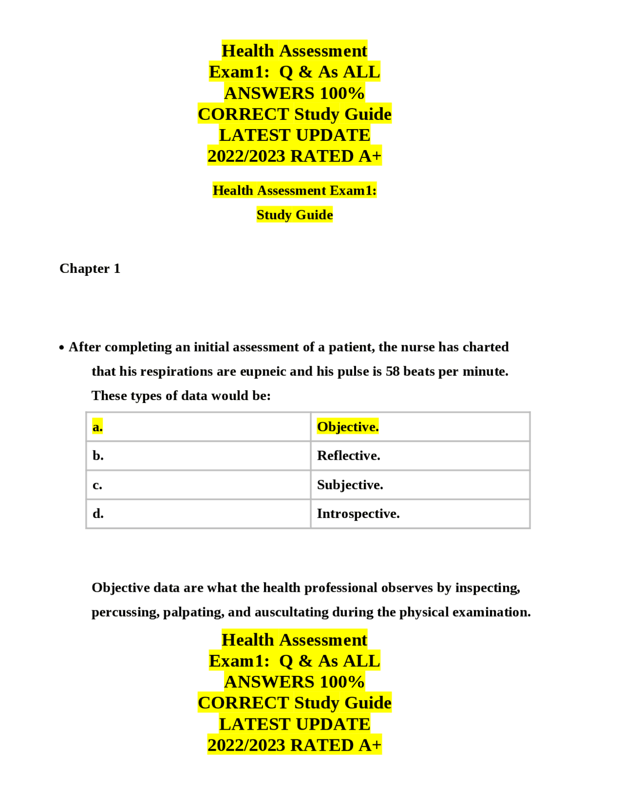 Health Assessment Exam1: Q & As ALL ANSWERS 100% CORRECT Study Guide ...