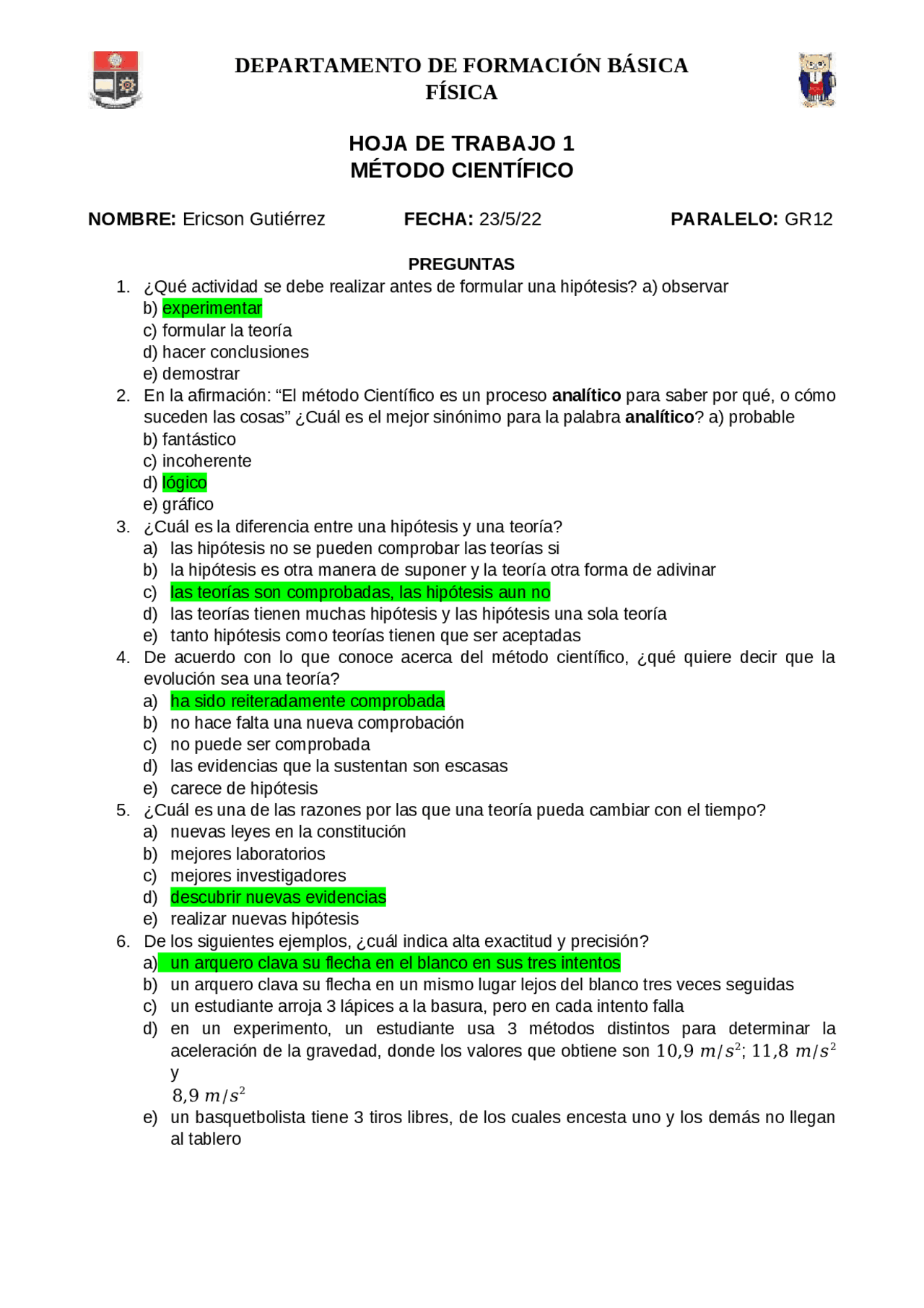 Hojas De Trabajo De Física Con Respuestas Física Y Química 1