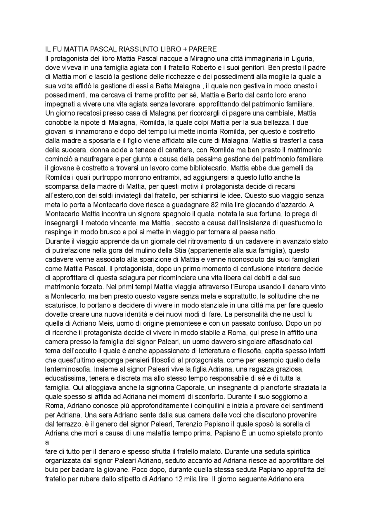Il Fu Mattia Pascal Di Luigi Pirandello Schemi E Mappe Concettuali Di