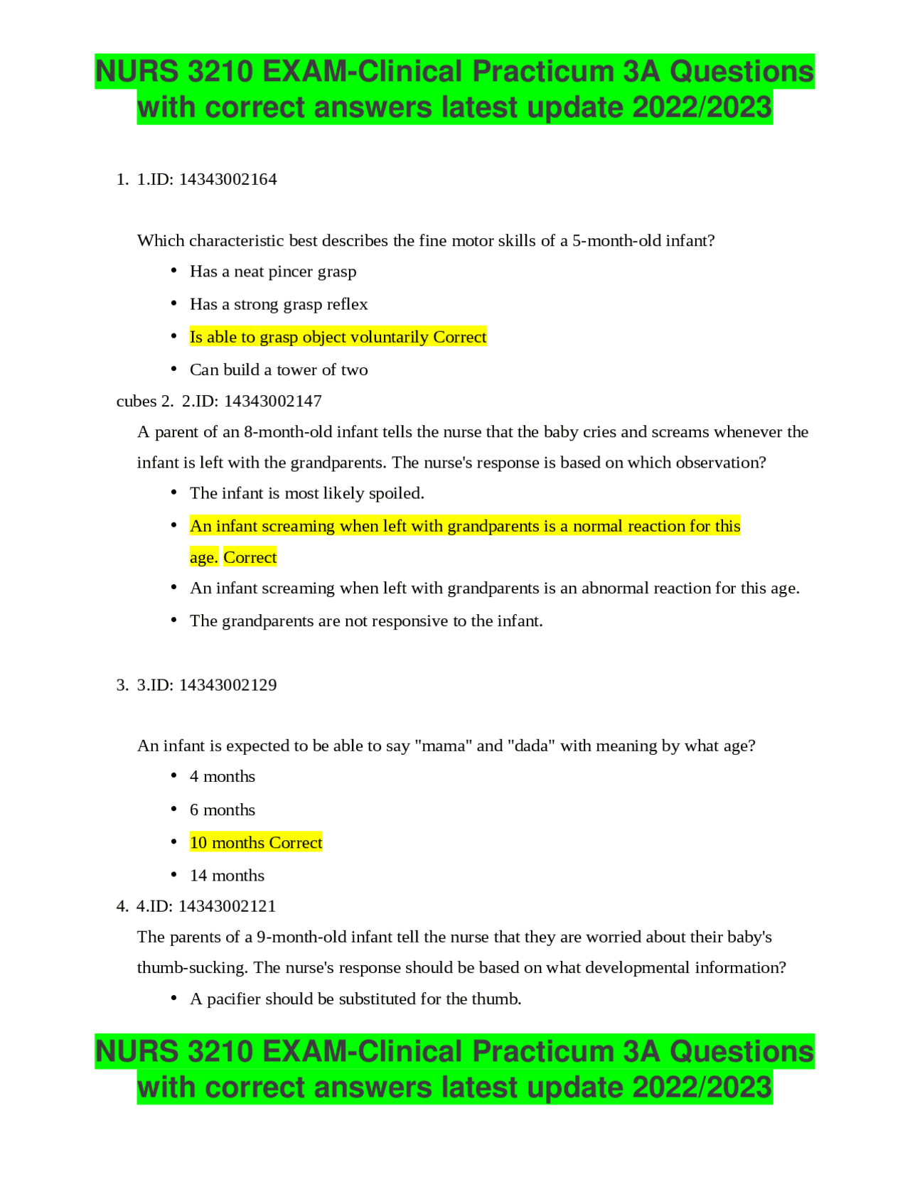 NURS 3210 Clinical Practicum 3A Exam Questions with Answers | Exams ...