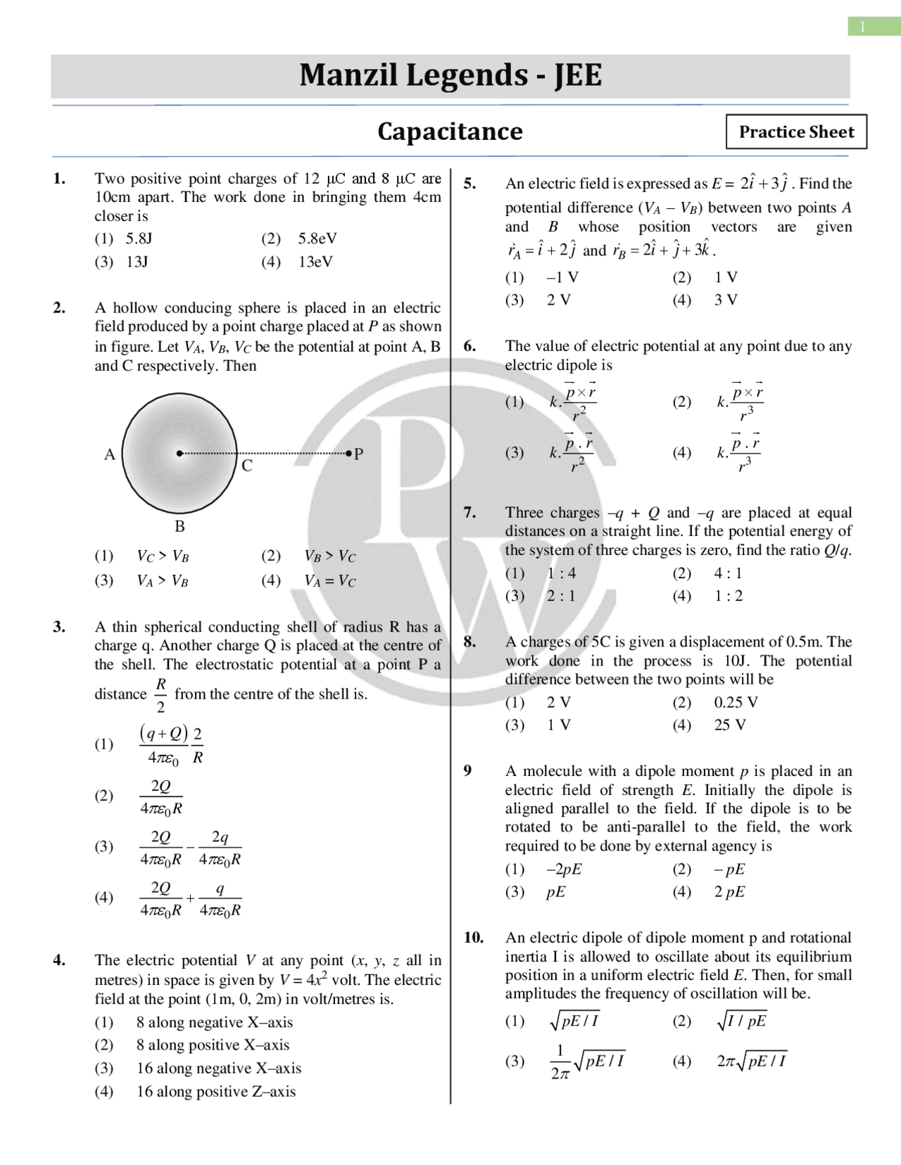 Capacitance_practice_sheet_manzil_legends_jee | Exercises Physics | Docsity