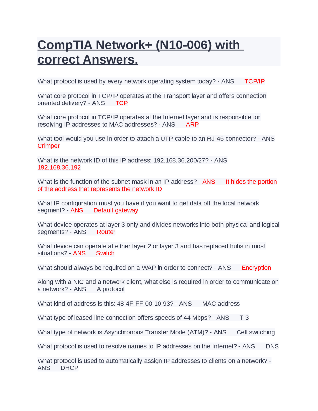 CompTIA Network+ (N10-006) with correct Answers. | Exams Computer Science | Docsity
