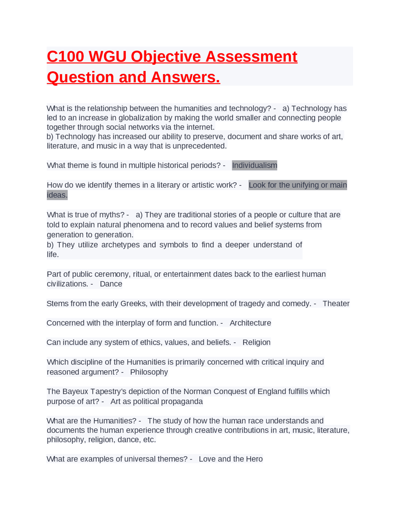 C100 Wgu Objective Assessment Question And Answers Exams Humanities