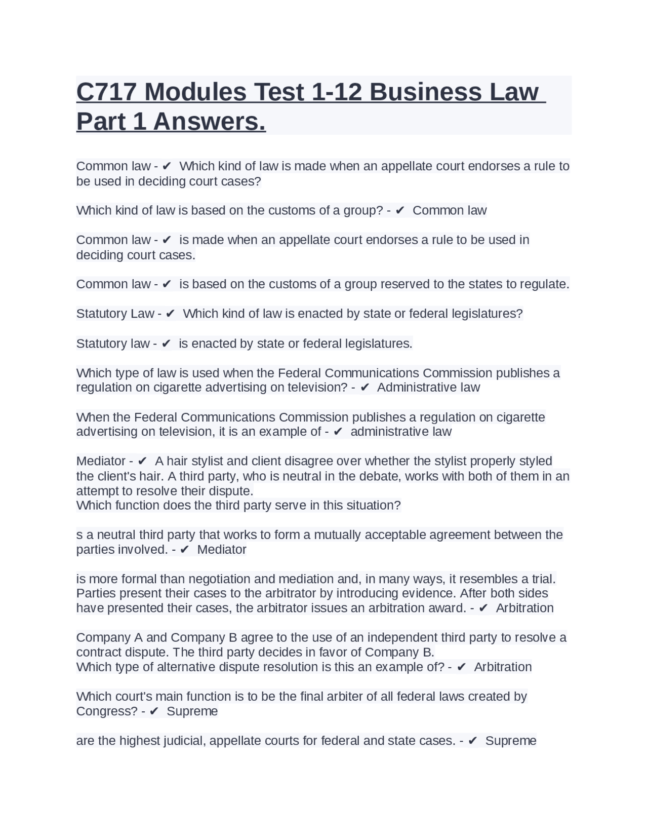 C717 Modules Test 1-12 Business Law Part 1 Answers | Exams Business ...