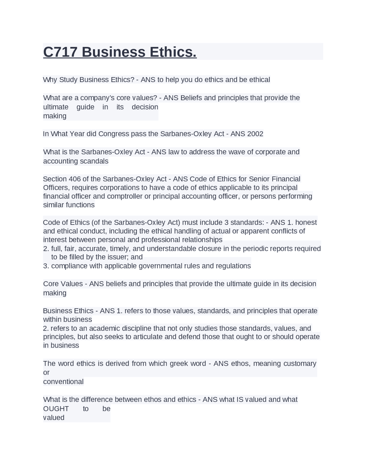 C717 Business Ethics | Exams Business Ethics | Docsity