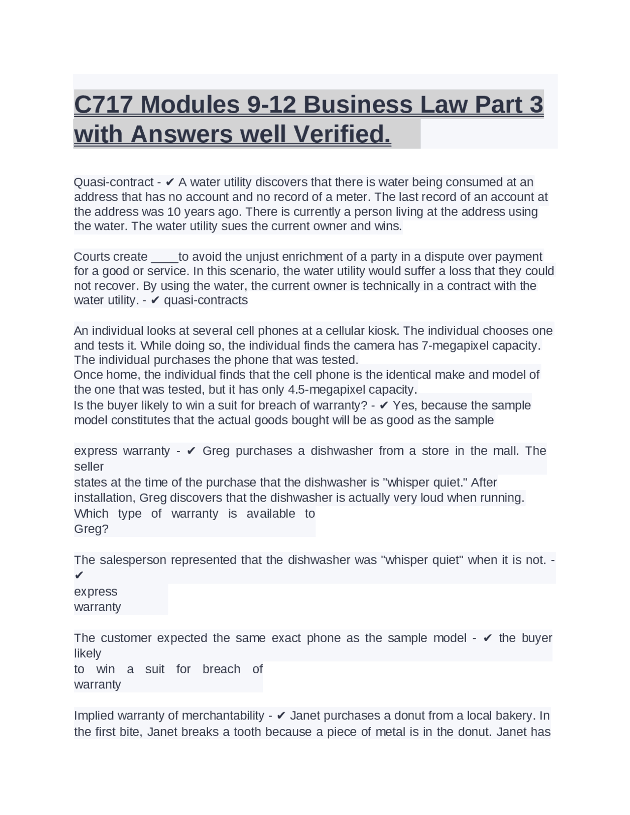 C717 Modules 9-12 Business Law Part 3 with Answers well Verified ...