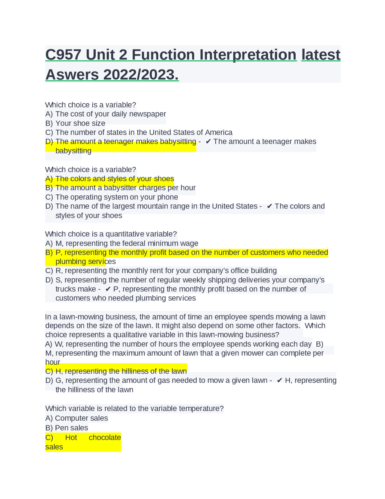 C957 Unit 2 Function Interpretation latest Aswers 2022/2023 | Exercises ...
