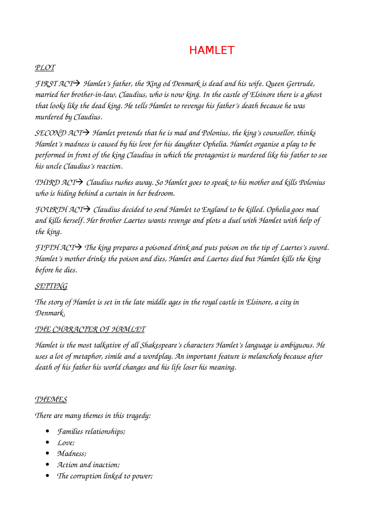 Riassunto in lingua inglese di ''Hamlet'' | Schemi e mappe concettuali ...
