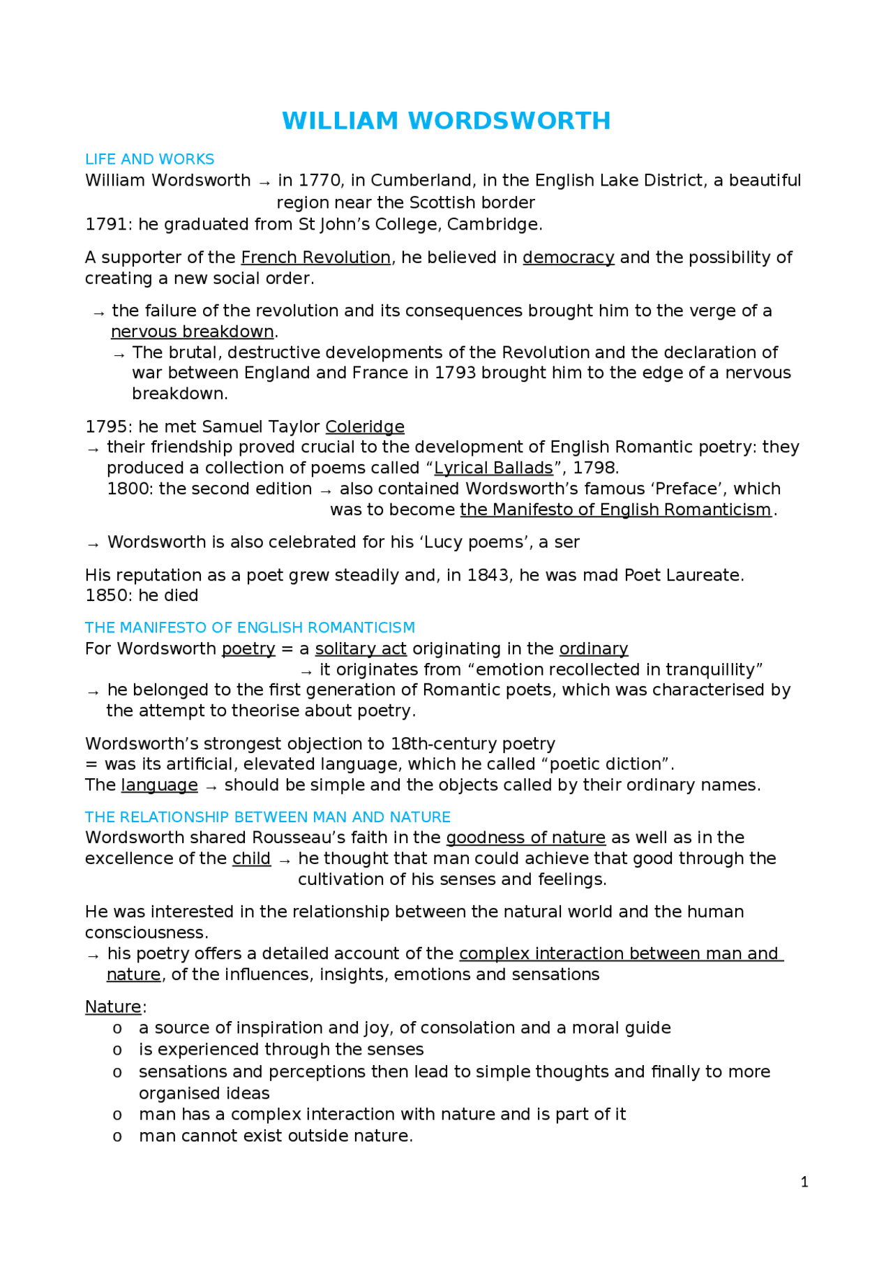 William Wordsworth - Romantic Age | Schemi e mappe concettuali di ...