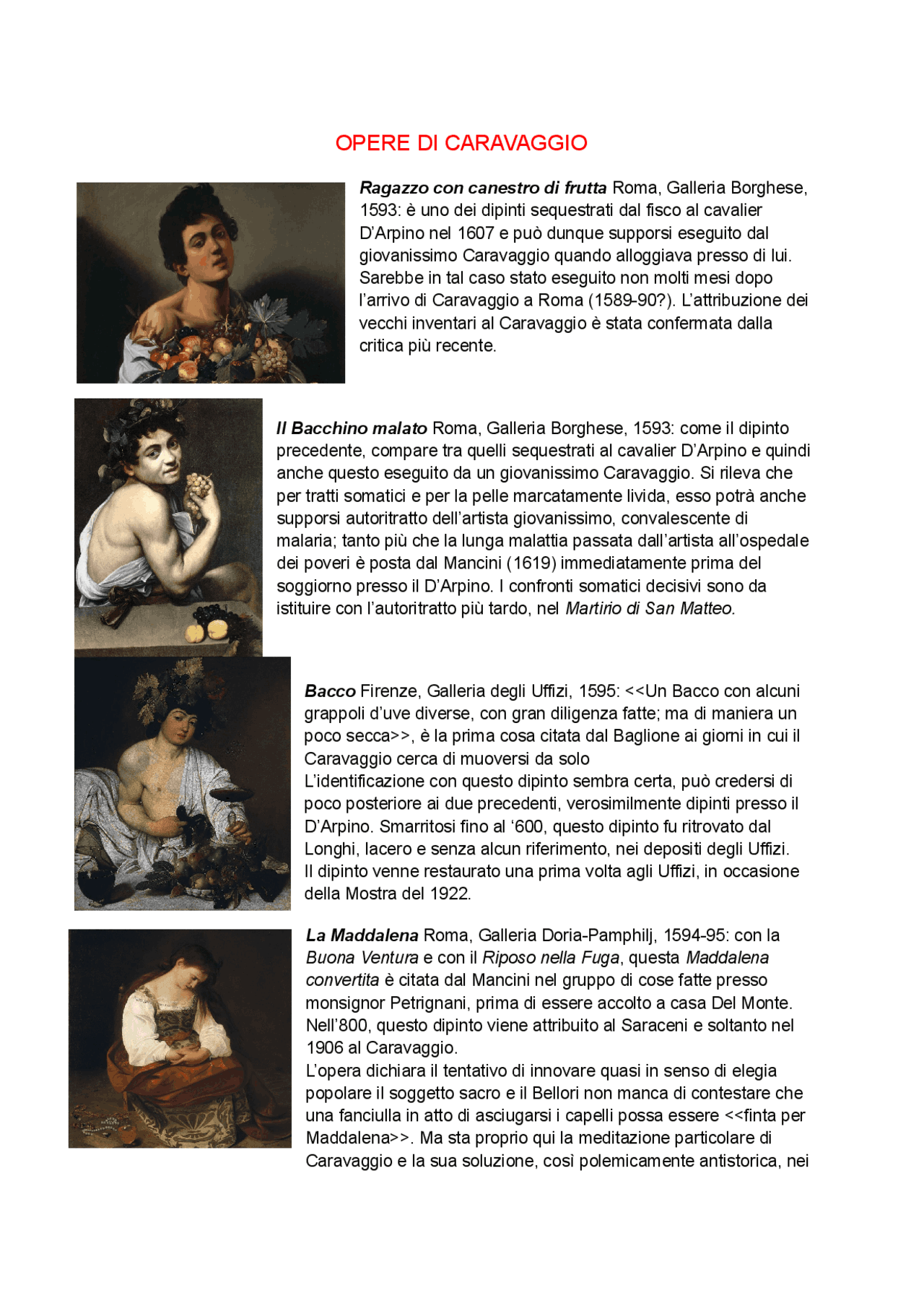 Caravaggio: le opere | Dispense di Storia dell'Arte Moderna | Docsity