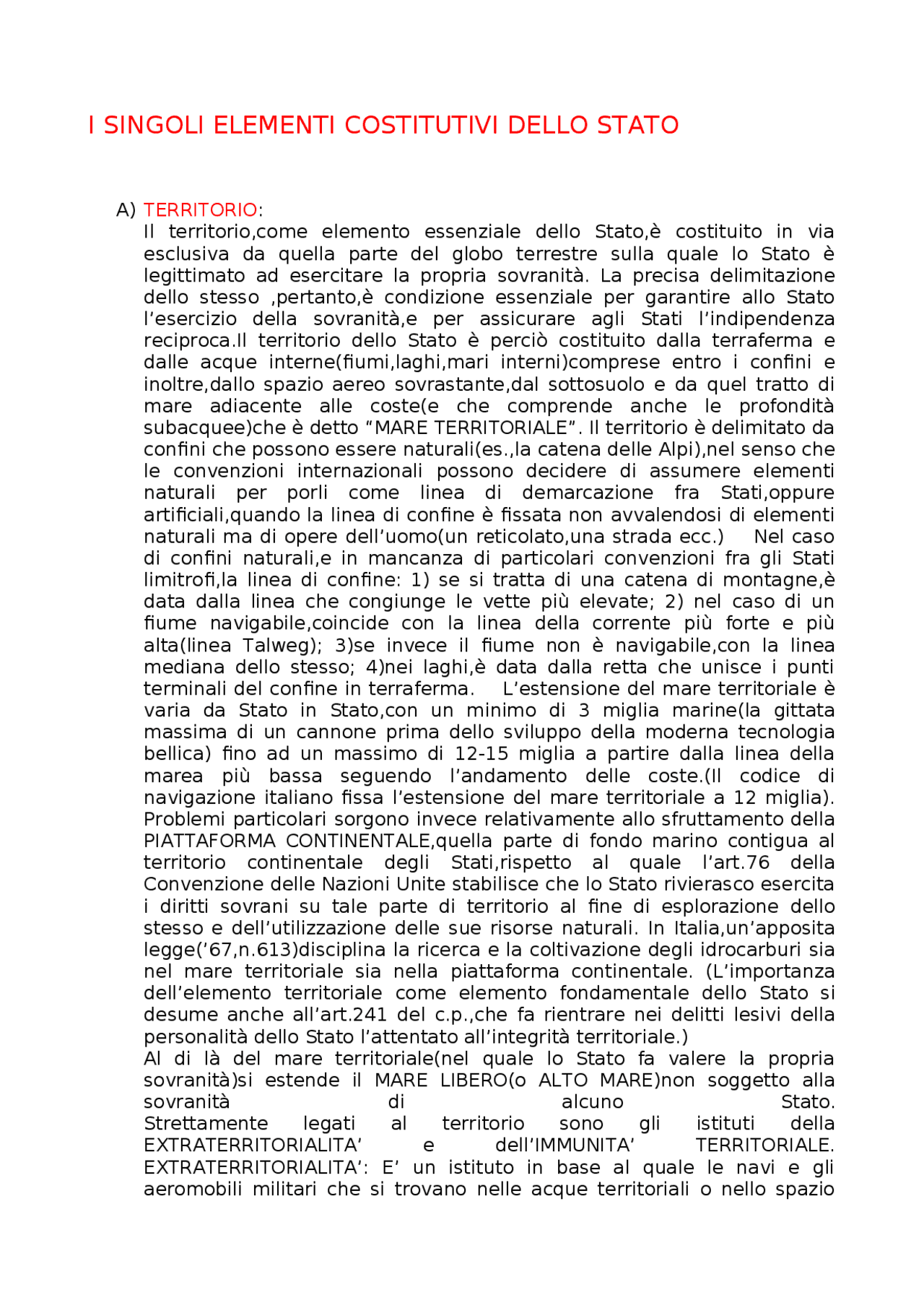 I singoli elementi costitutivi dello stato | Appunti di Diritto Costituzionale | Docsity