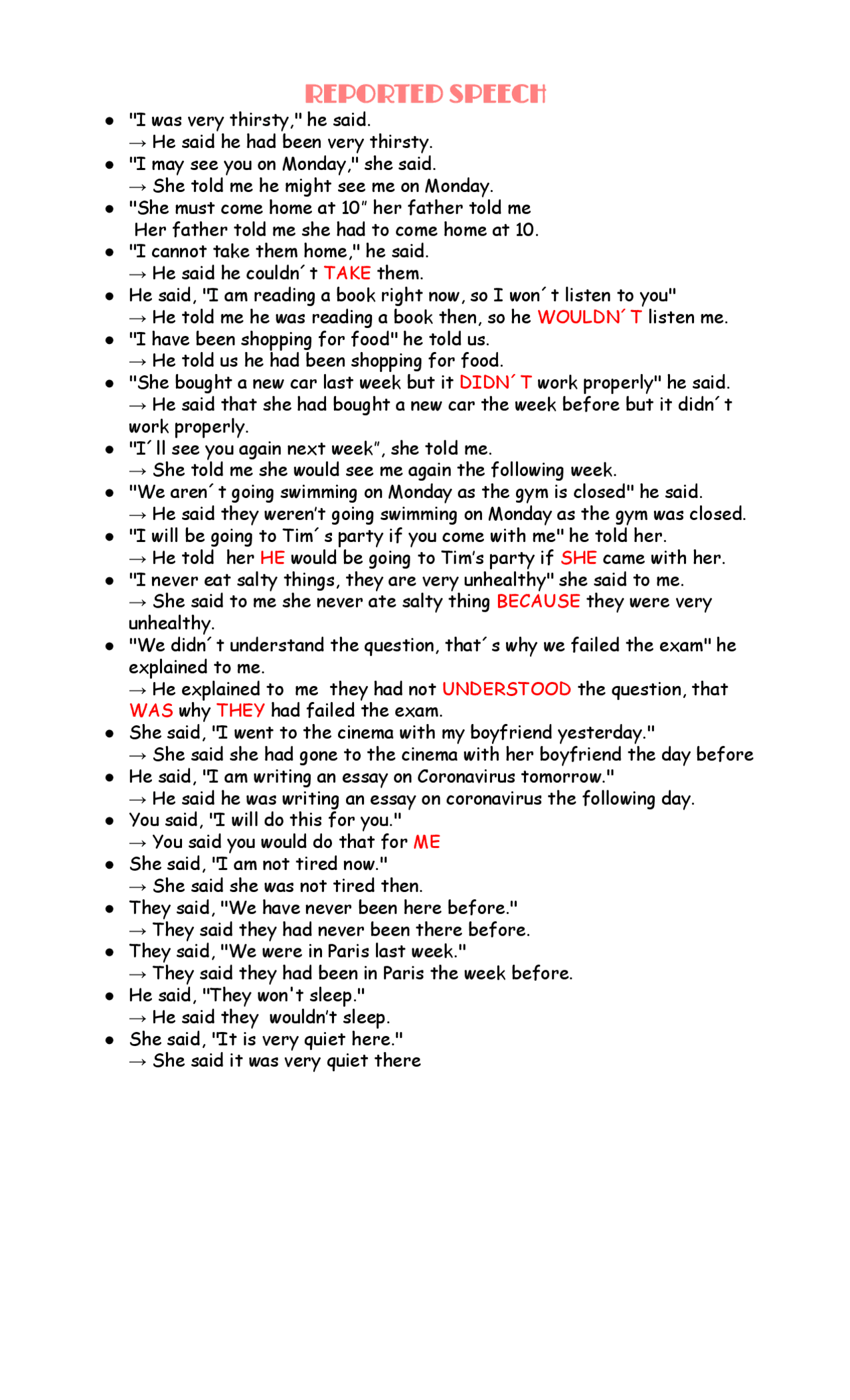 Reported Speech Exercises Ejercicios De Inglés Docsity