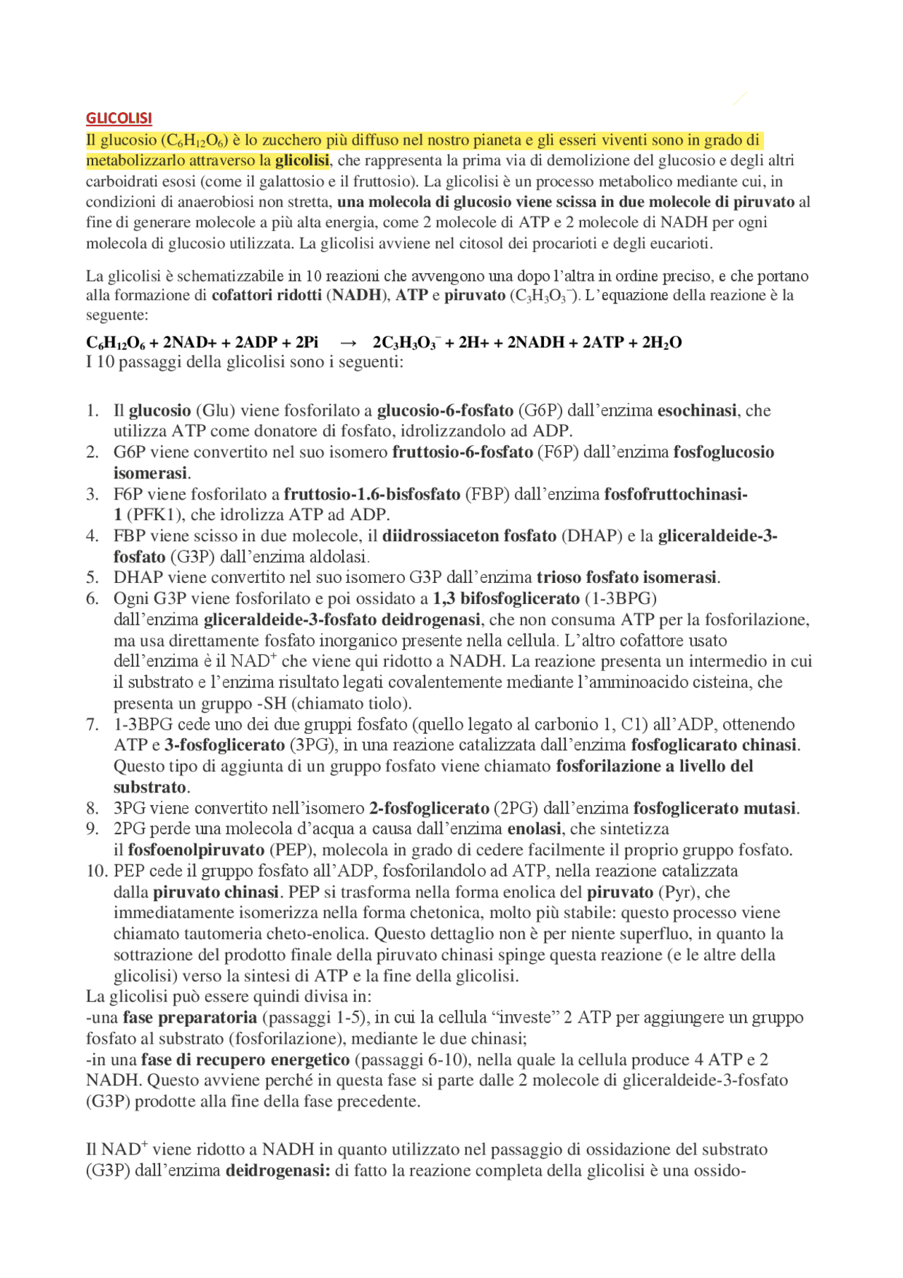 Glicolisi Schemi Semplici Schemi E Mappe Concettuali Di Chimica Docsity