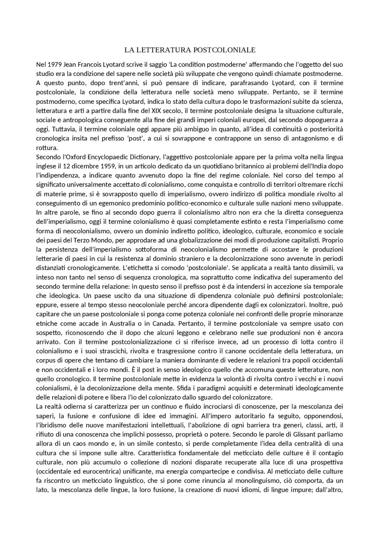 Riassunto 'La letteratura postcoloniale' di Silvia Albertazzi | Dispense di Letteratura Inglese ...
