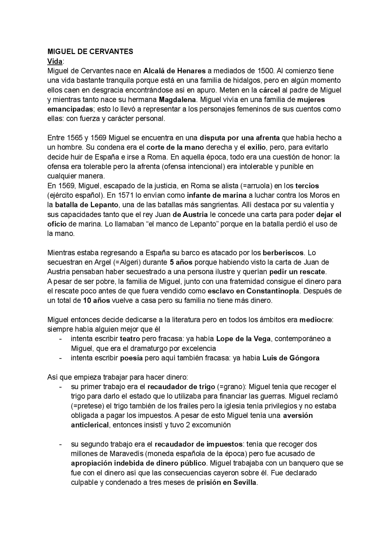 Miguel de Cervantes y Don Quijote | Appunti di Spagnolo | Docsity