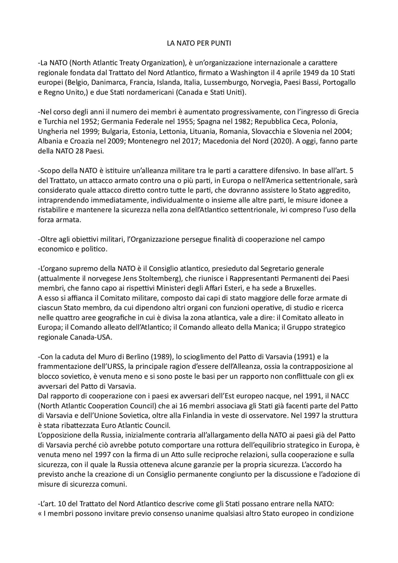 La storia della NATO per punti | Dispense di Storia | Docsity