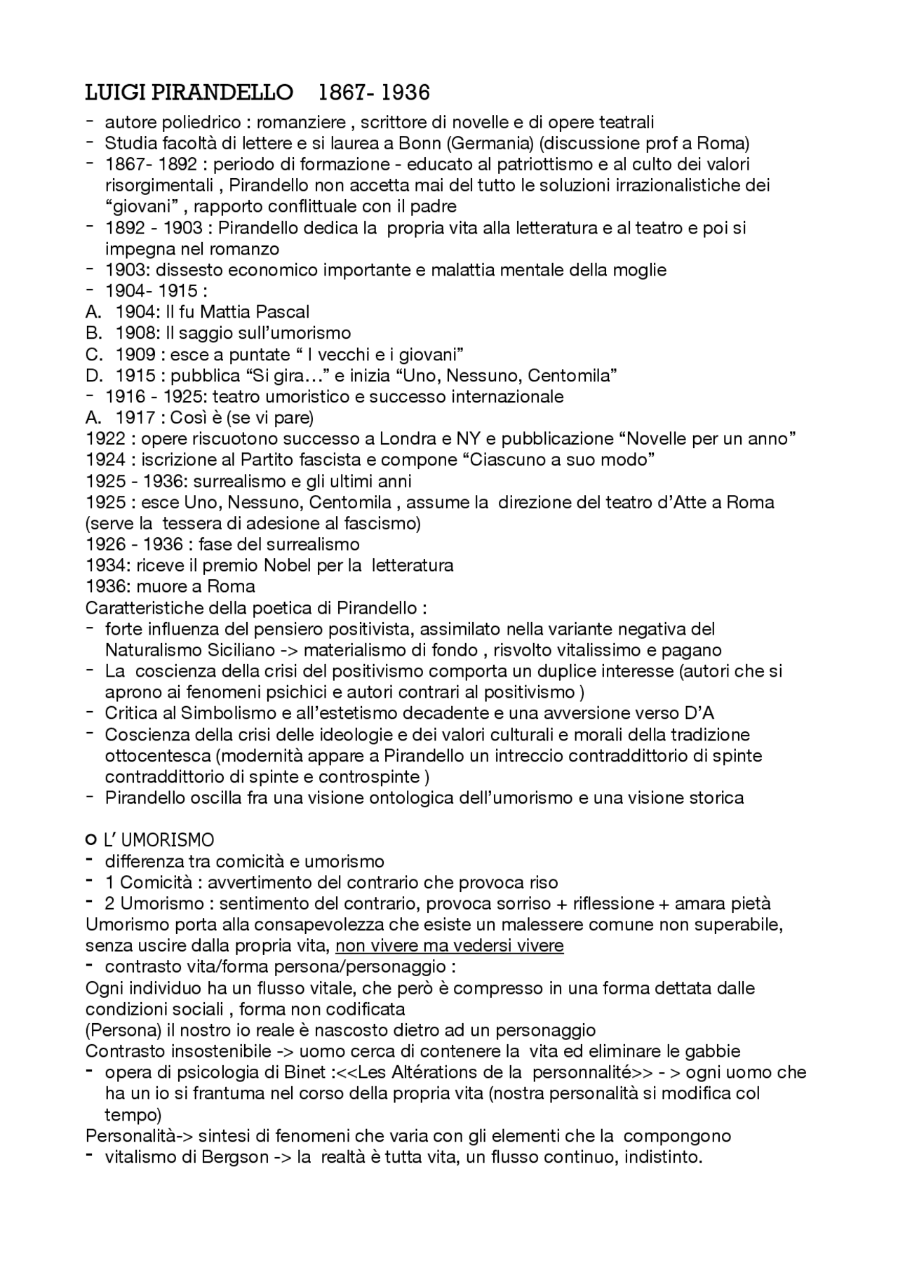 Pirandello schema sintetico | Schemi e mappe concettuali di Italiano | Docsity