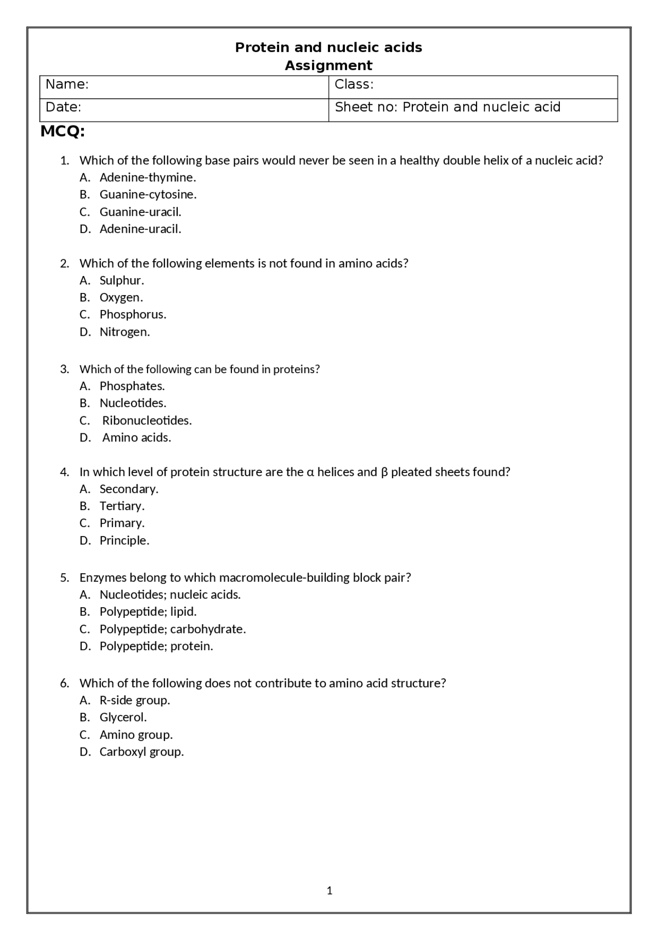 Protein And Nucleic Acids Assignment Assignments Biology Docsity