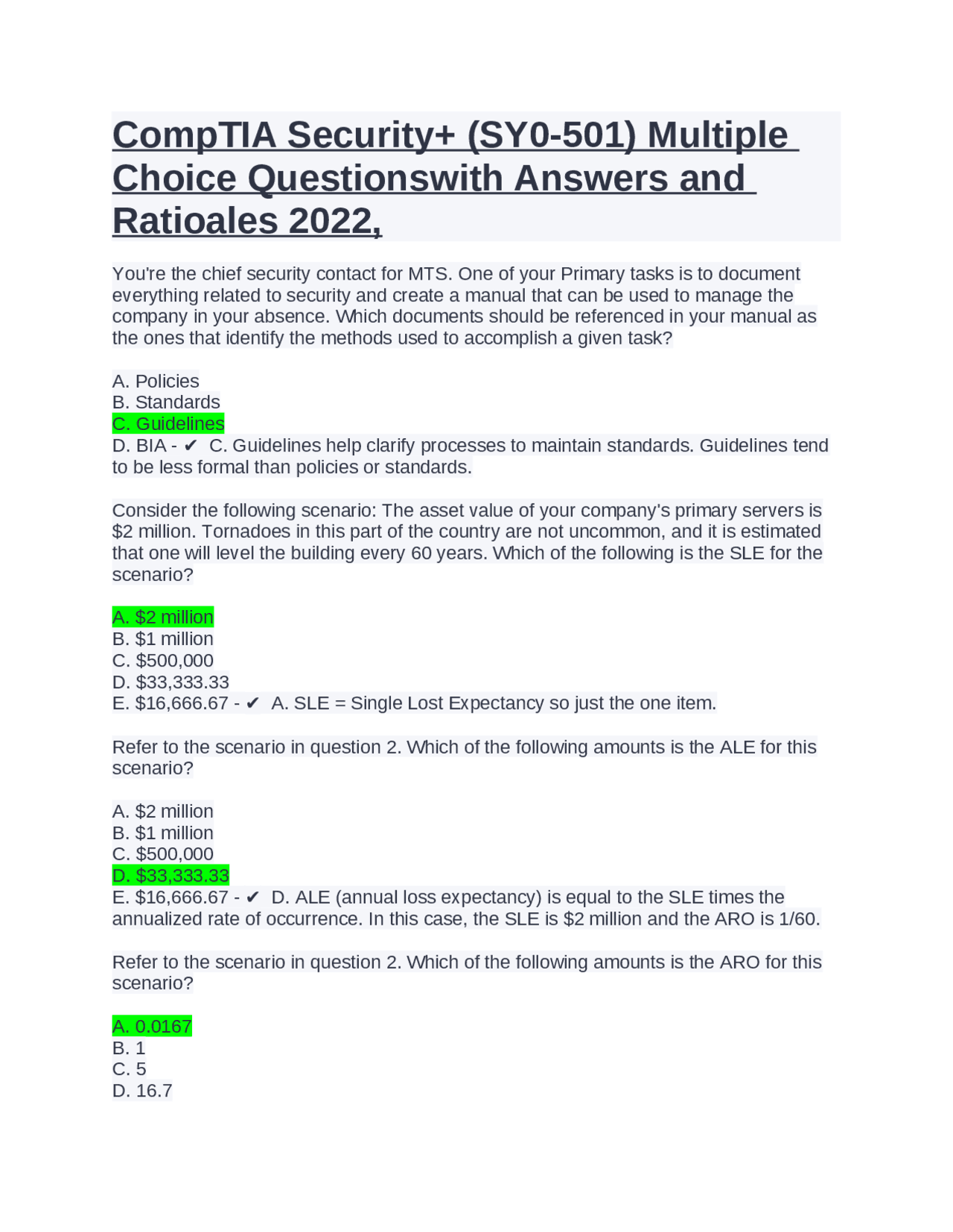 CompTIA Security+ (SY0-501) Multiple Choice Questionswith Answers and ...